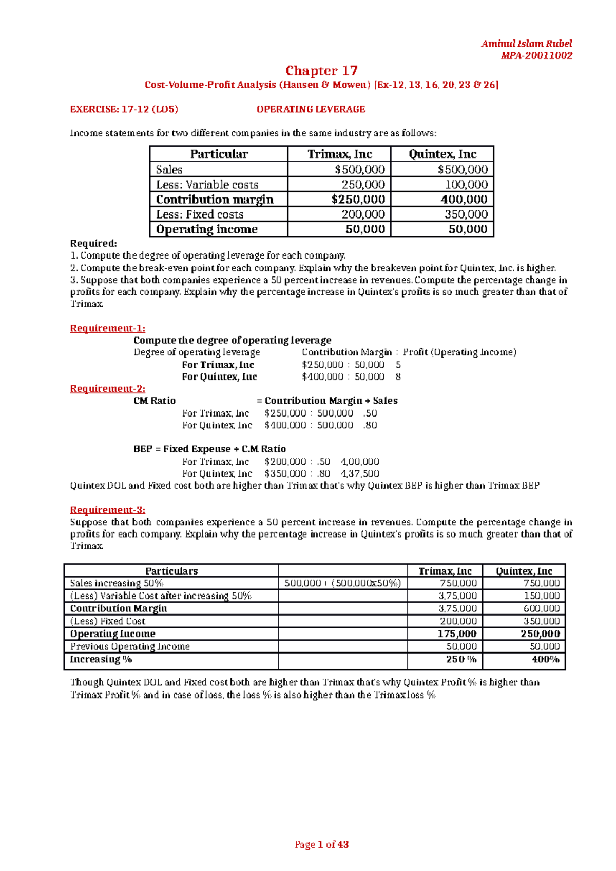 All in one AMA - MPA- Chapter 17 Cost-Volume-Profit Analysis (Hansen & Mowen) [Ex-12, 13 , 16 ...
