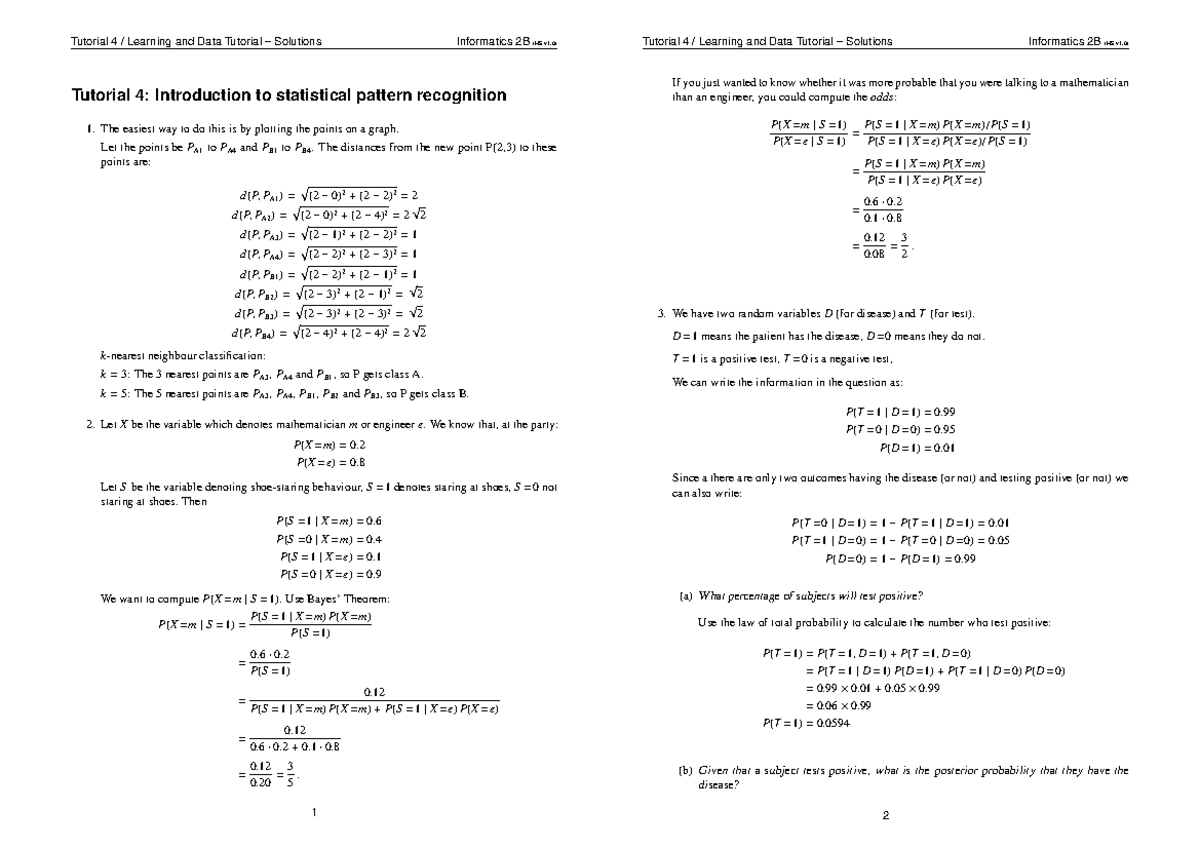 Tutorial Solutions 04 - Tutorial 4 / Learning and Data Tutorial – Solutions Informatics 2B(HS v1 ...