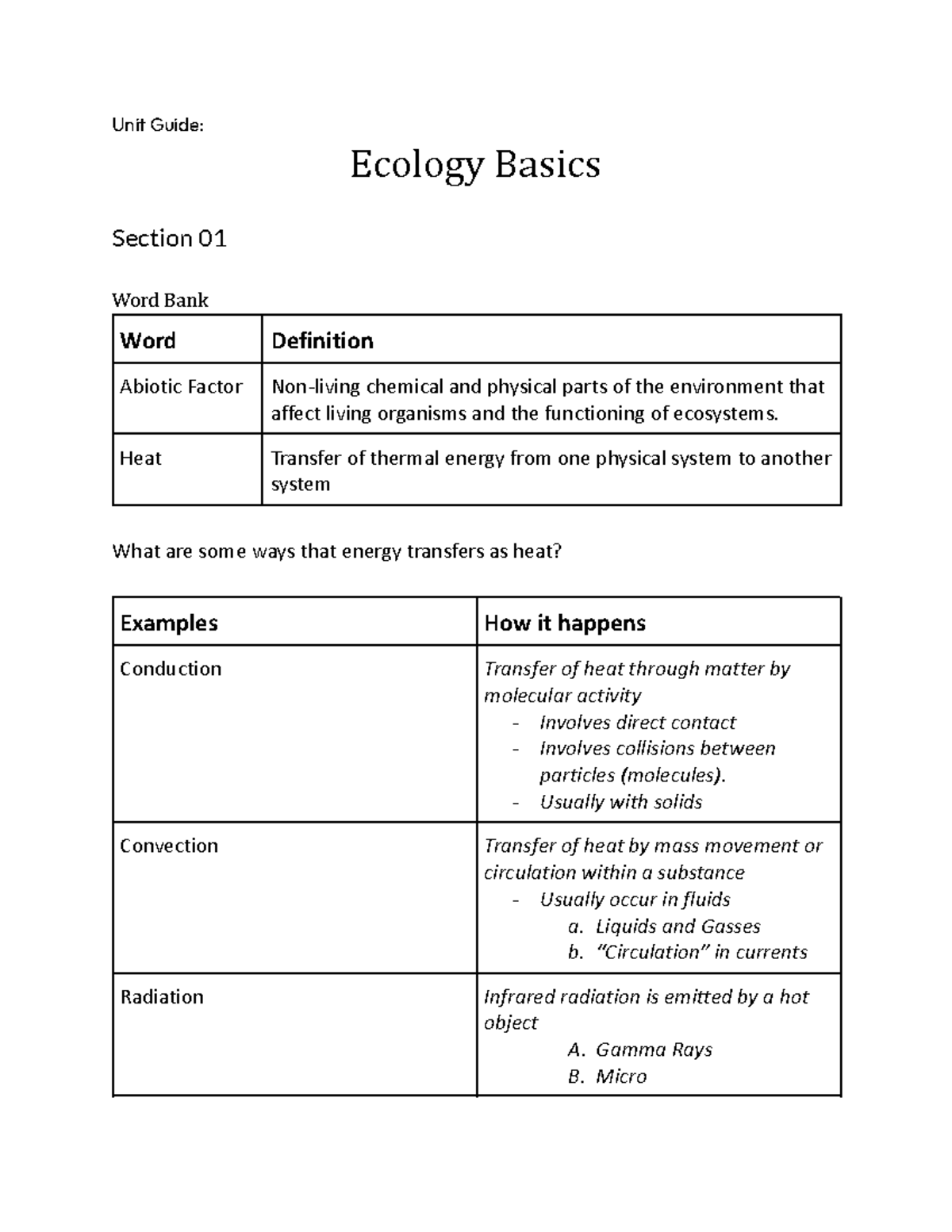 Unit Guide for 1st Semester - Unit Guide: Ecology Basics Section 01 ...