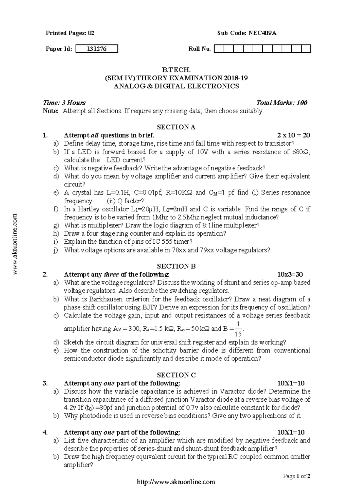Btech ec 4 sem analog and digital electronics nec409a 2019 - Printed Pages: 02 Sub Code: NEC409A ...
