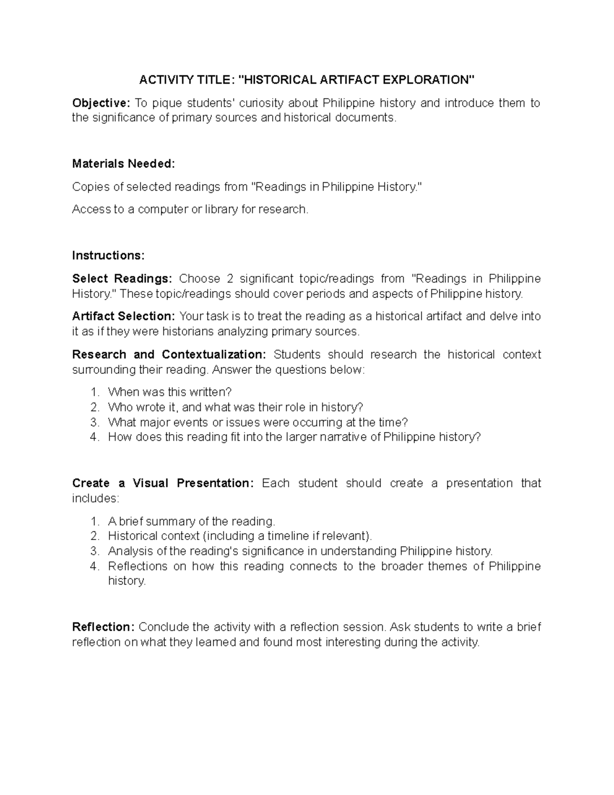 Activity 1 History - Task No 1 - ACTIVITY TITLE: "HISTORICAL ARTIFACT ...