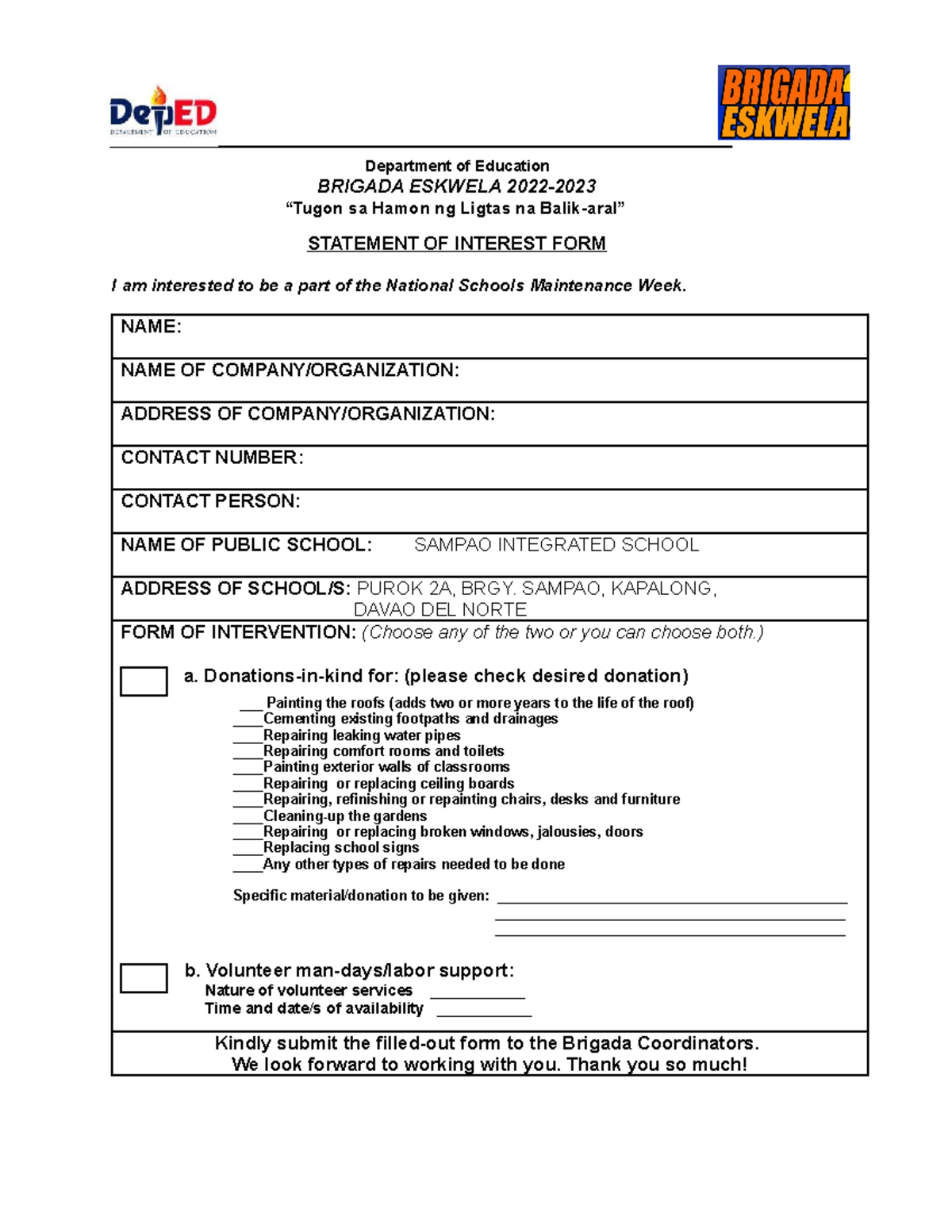 Interest Form - BRIDAGA DOCS - Department of Education “Tugon sa Hamon ...