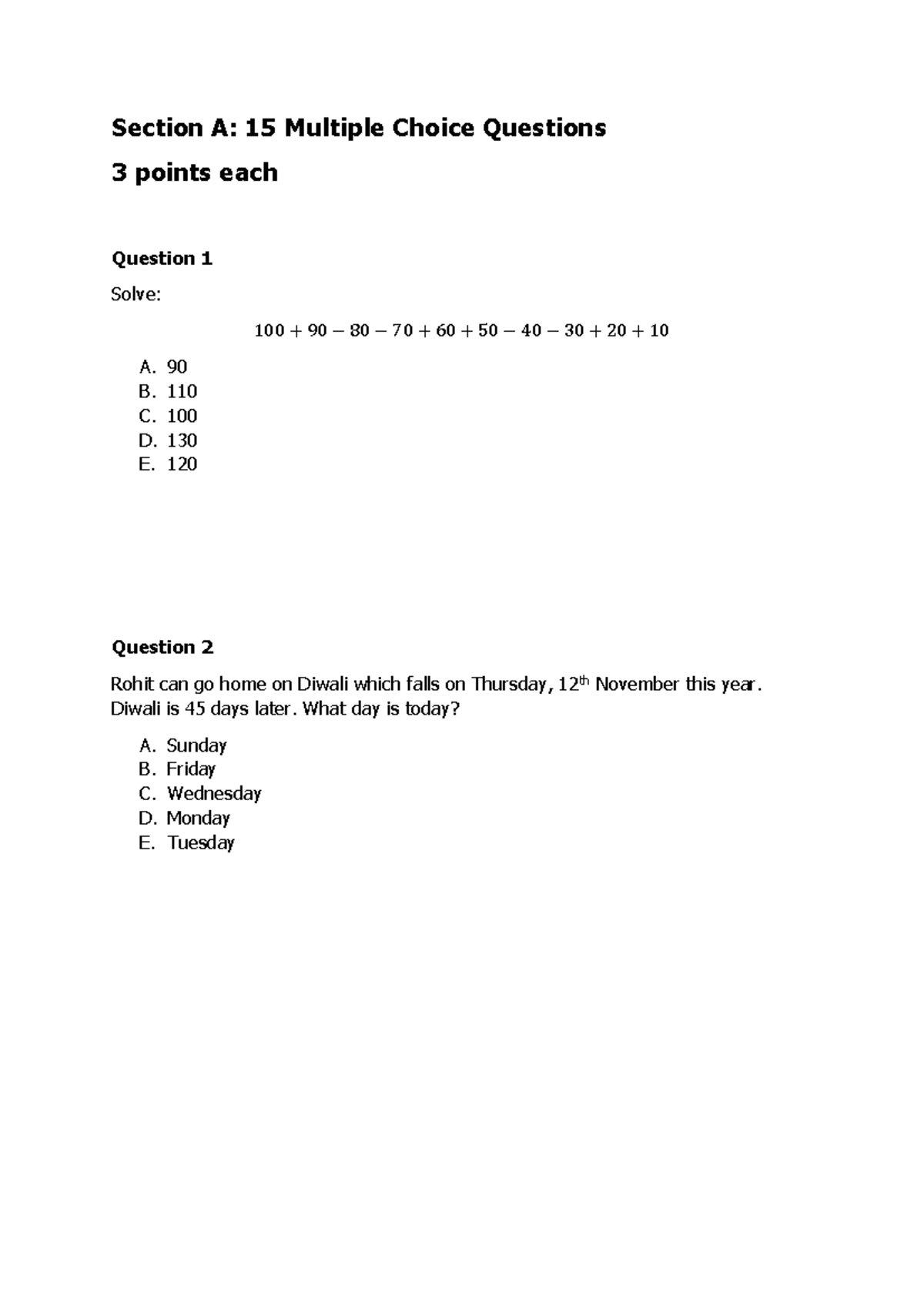 Grade 4 Examples 1 - Section A: 15 Multiple Choice Questions 3 points ...