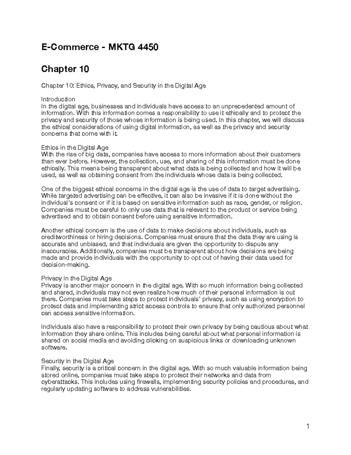 MKTG 4450 - Chapter 10 - E-Commerce - MKTG 4450 Chapter 10 Chapter 10: Ethics, Privacy, and ...