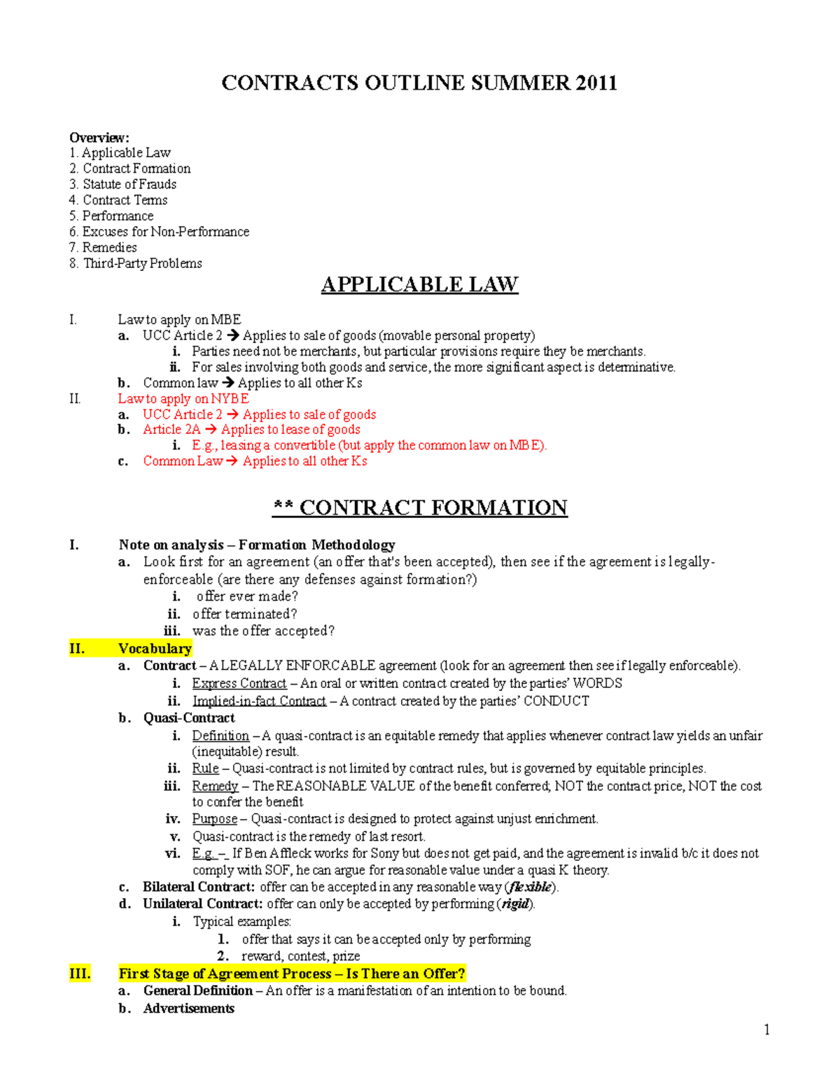 Jay Contracts Outline - CONTRACTS OUTLINE SUMMER 2011 Overview: Applicable Law Contract ...