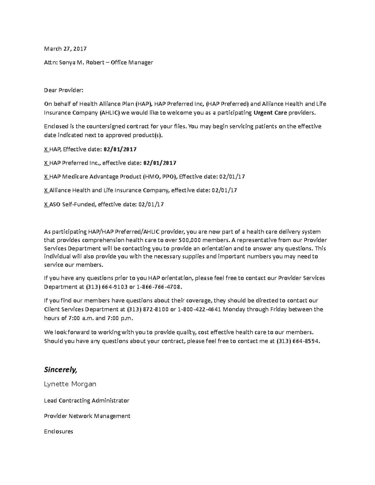 Block Letter - March 27, 2017 Attn: Sonya M. Robert – Office Manager ...