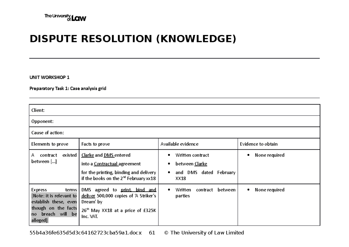 Workshop 1- Prep and Task - DISPUTE RESOLUTION (KNOWLEDGE) UNIT ...