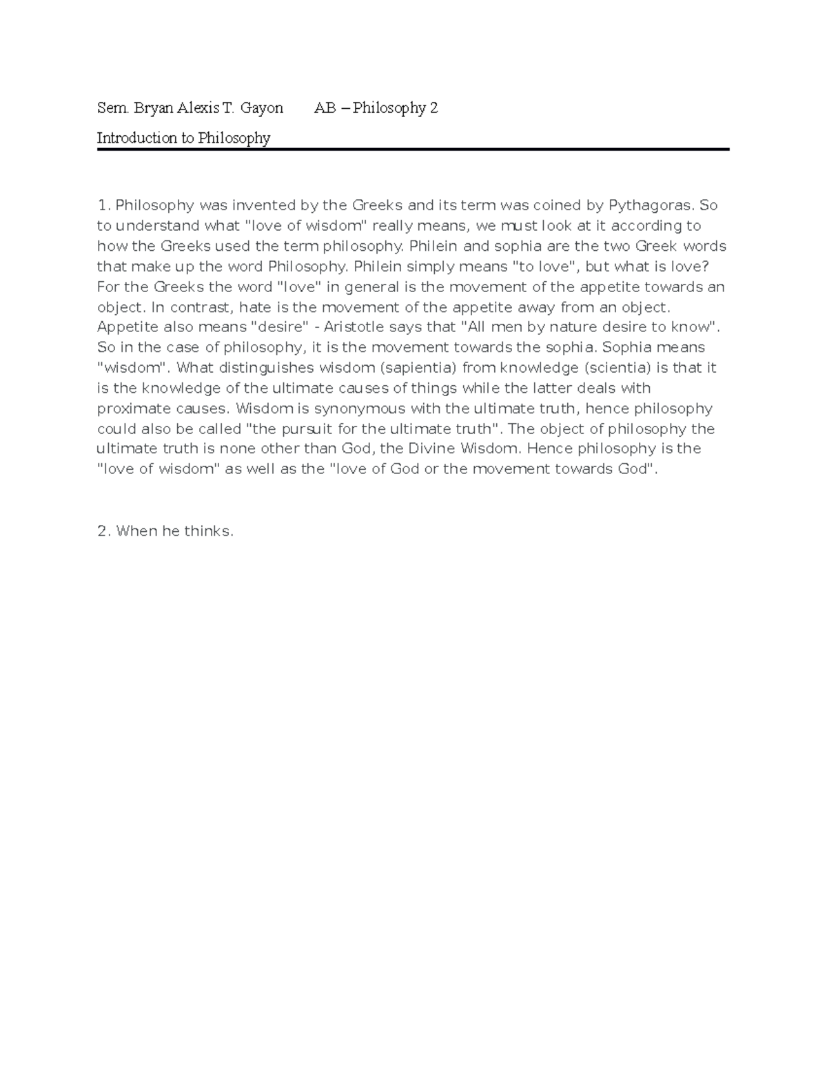 Document - Philo is hard - Sem. Bryan Alexis T. Gayon AB – Philosophy 2 ...