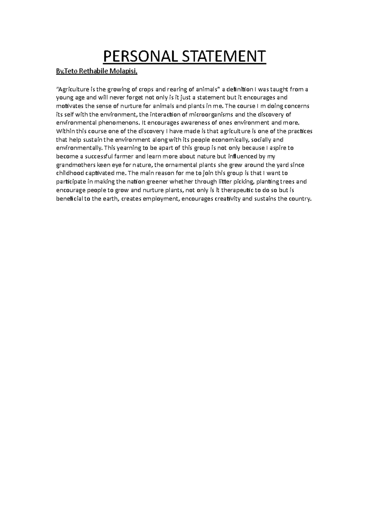 Personal Statement - PERSONAL STATEMENT By,Teto Rethabile Molapisi ...