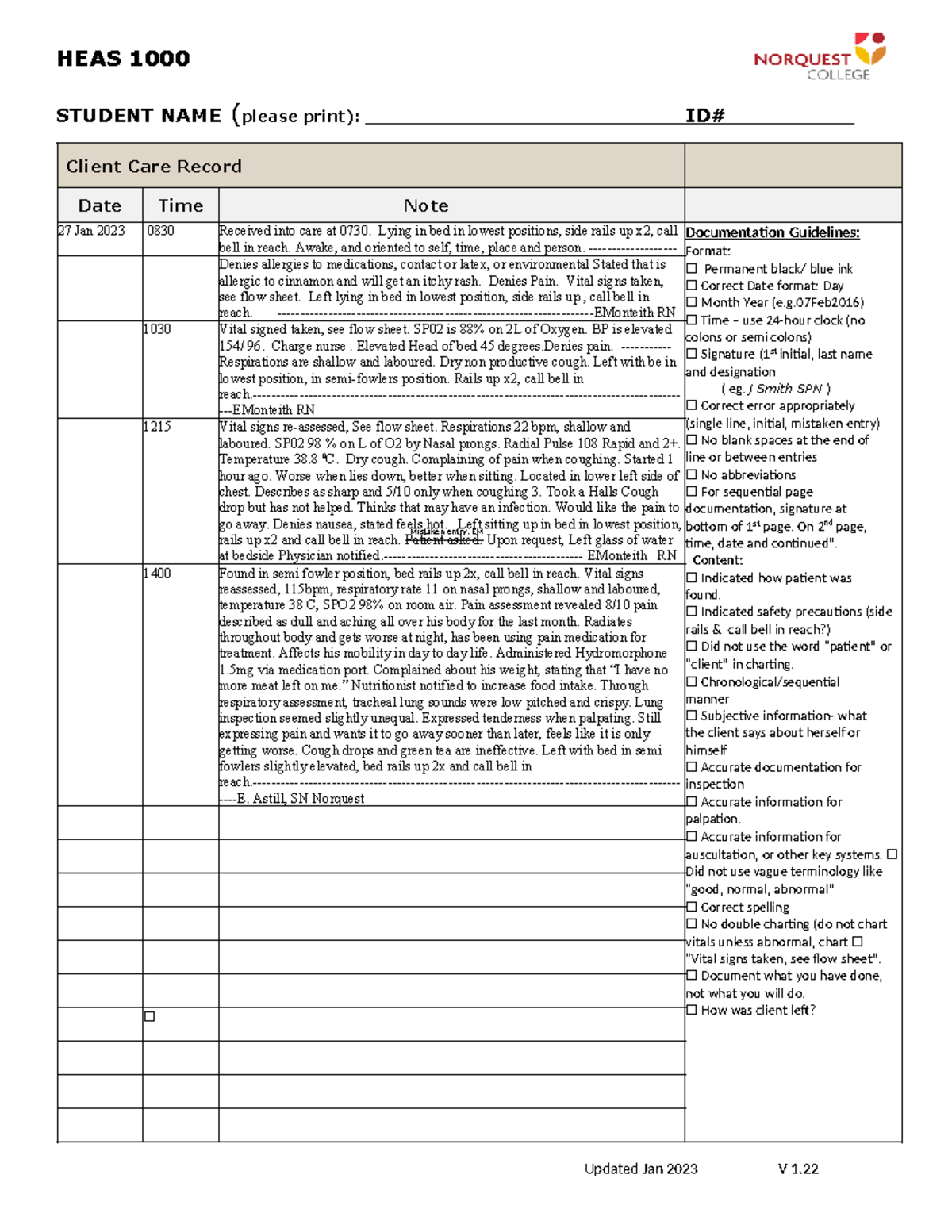 Client Care Record with Guidelines Jan 2023 - HEAS 1000 Updated Jan ...