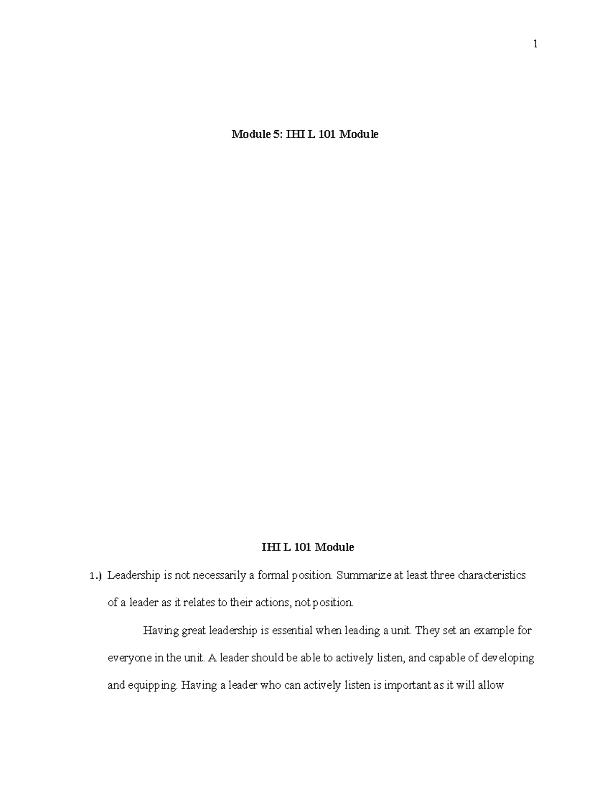 Module 5 leadership IV - Module 5: IHI L 101 Module IHI L 101 Module 1 ...