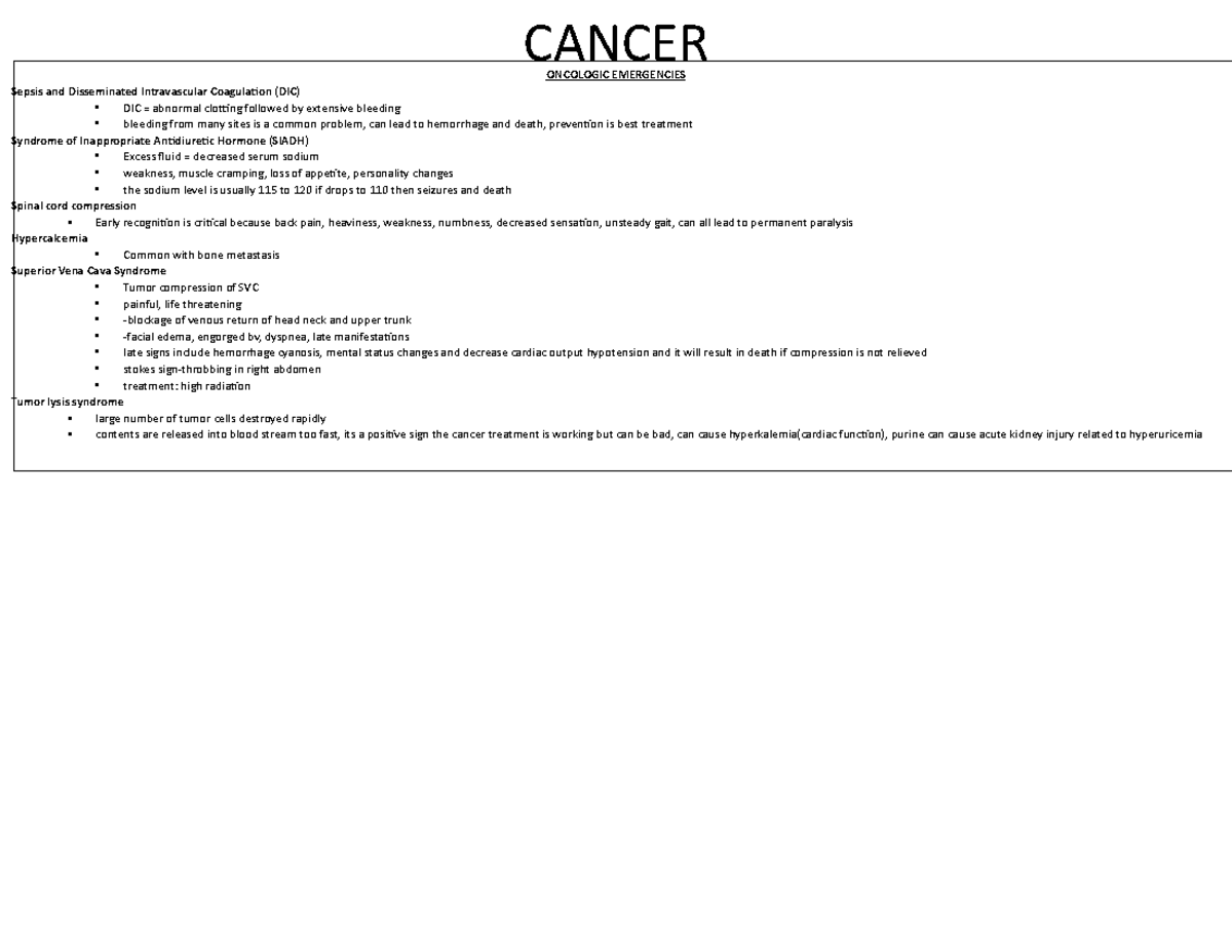 Cancer - Lecture notes from adult health 1 - ONCOLOGIC EMERGENCIES ...