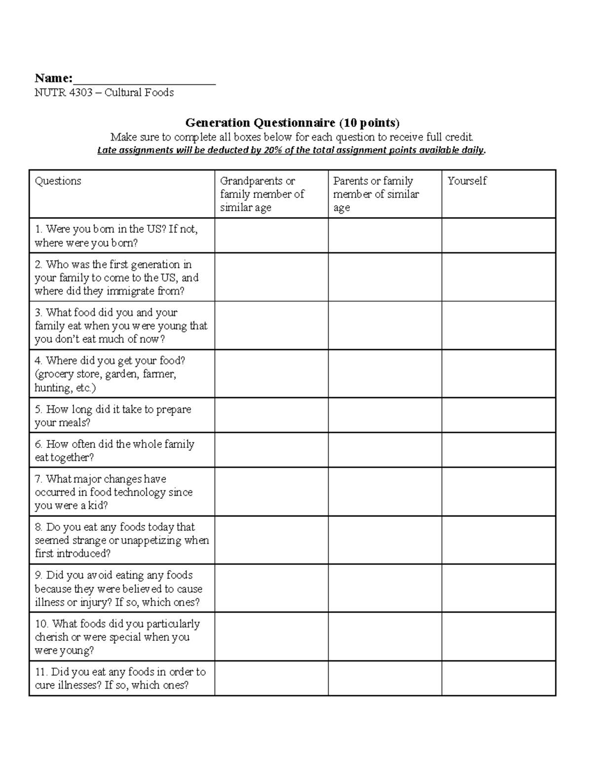 Generation Questionnaire - NUTR 4309 - SFA - Studocu