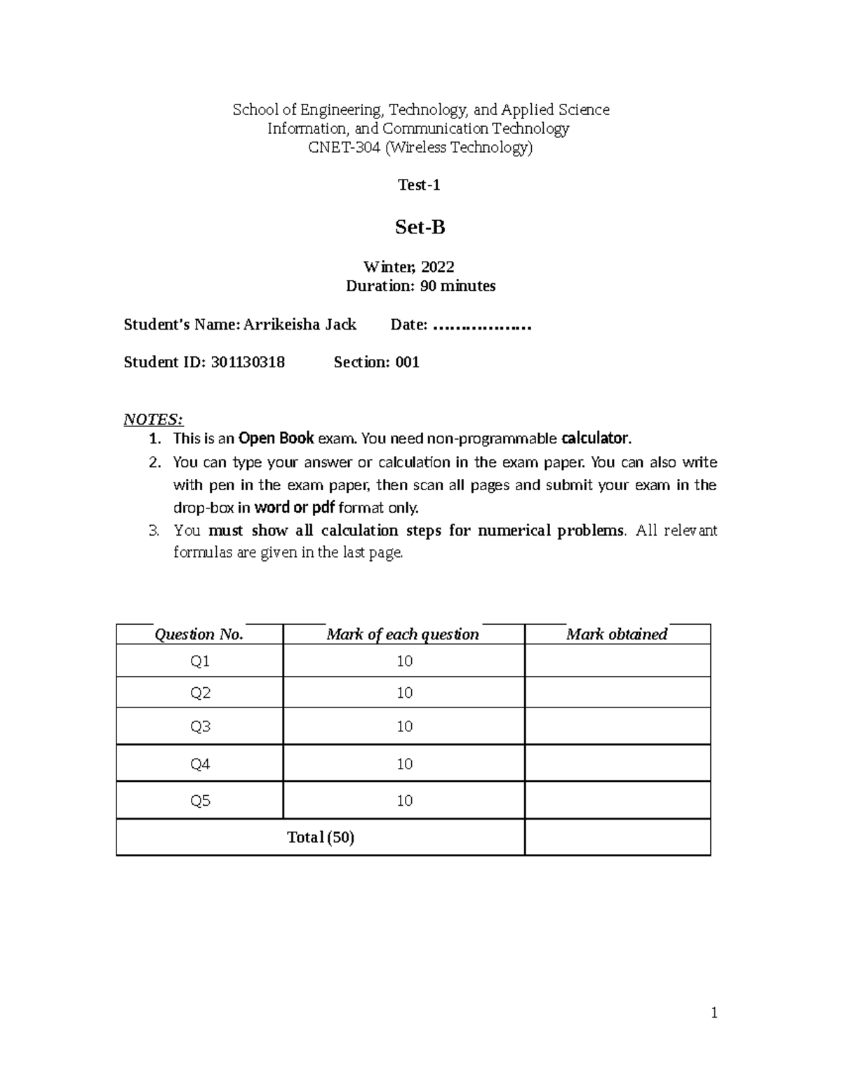 CNET304 Test 1 Set B 22W.docx - School of Engineering, Technology, and ...