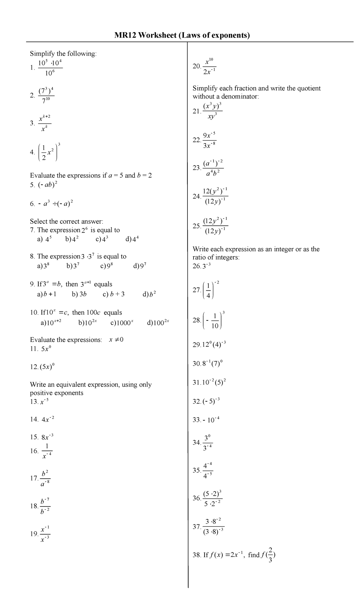 Test Exponential Expressions - MR12 Worksheet (Laws of exponents ...