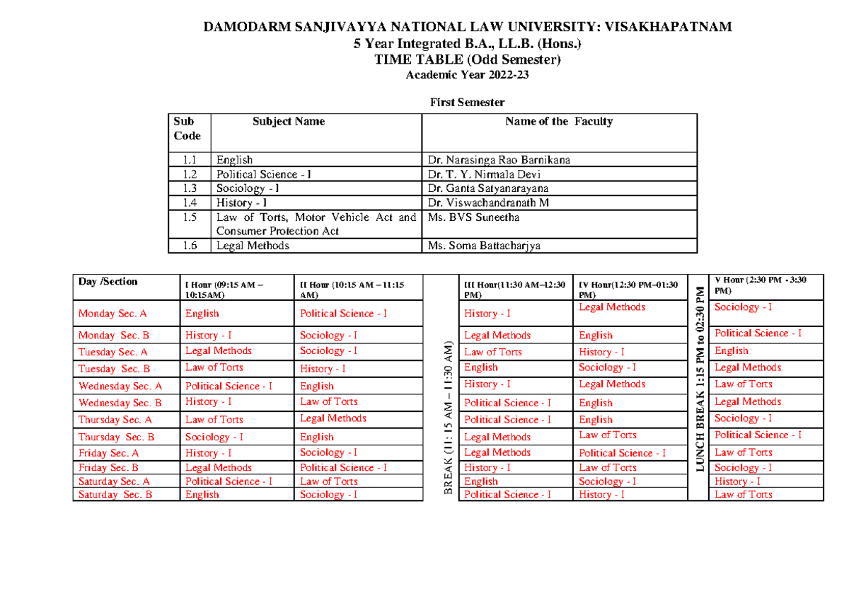 Time Table Odd Semester 2022-23 - DAMODARM SANJIVAYYA NATIONAL LAW UNIVERSITY: VISAKHAPATNAM 5 ...