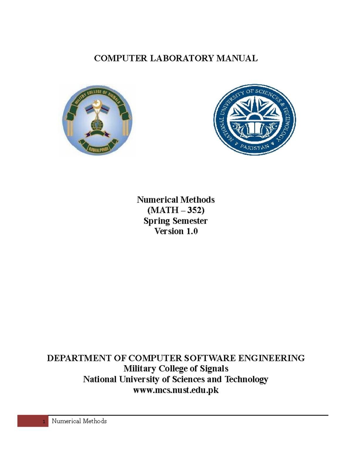 MATH 352 NM - Lab Reports - COMPUTER LABORATORY MANUAL Numerical Methods Spring Semester(MATH ...