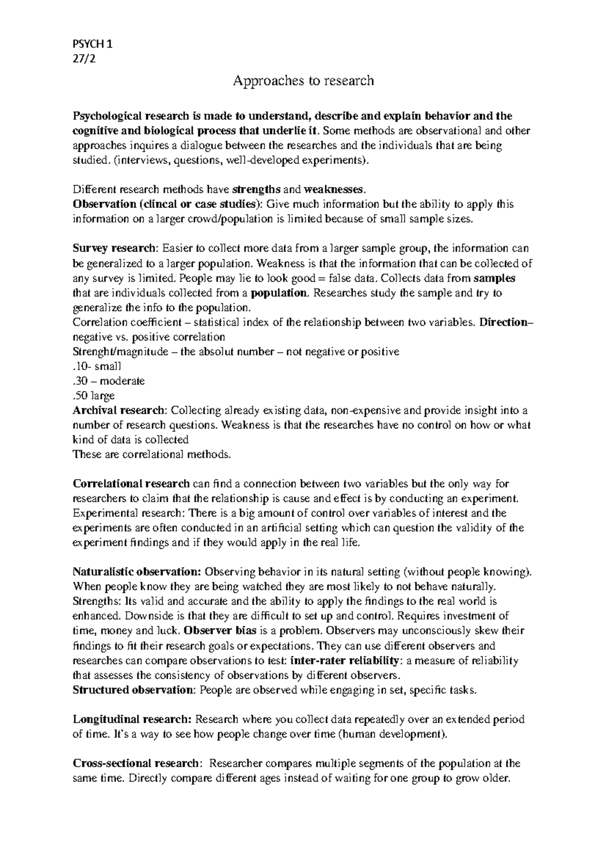 Approaches to research - PSYCH 1 27/ Approaches to research ...