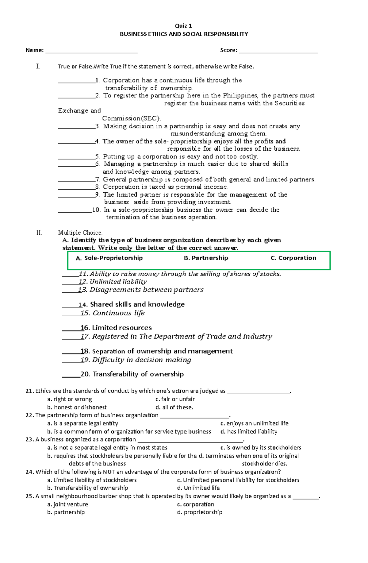 Quiz 1 Business-Ethics-and-Social-Responsibility - Quiz 1 BUSINESS ...