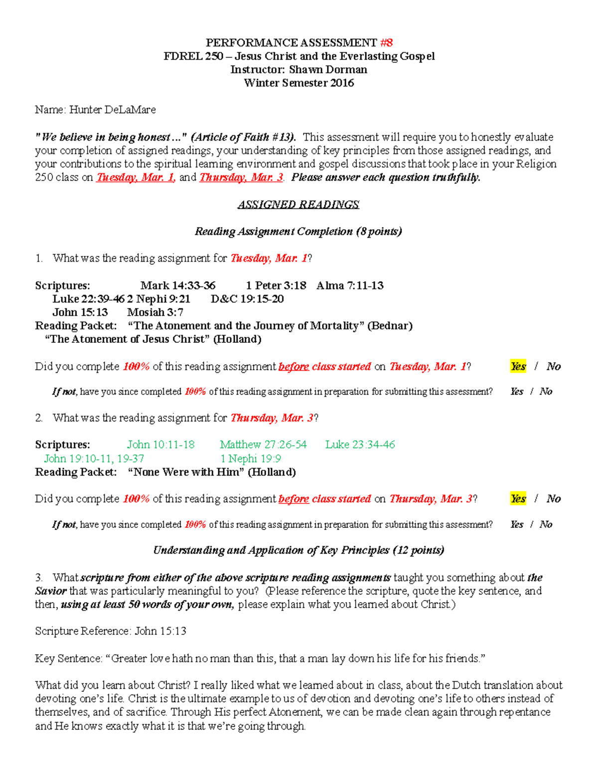 250 Performance Assessment #8 - PERFORMANCE ASSESSMENT #8 FDREL 250 ...