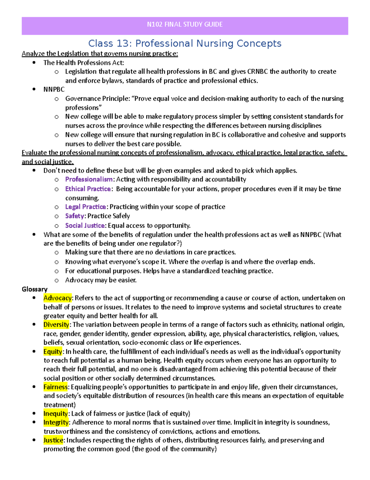 Professional Nursing Concepts - N102 FINAL STUDY GUIDE Class 13 ...