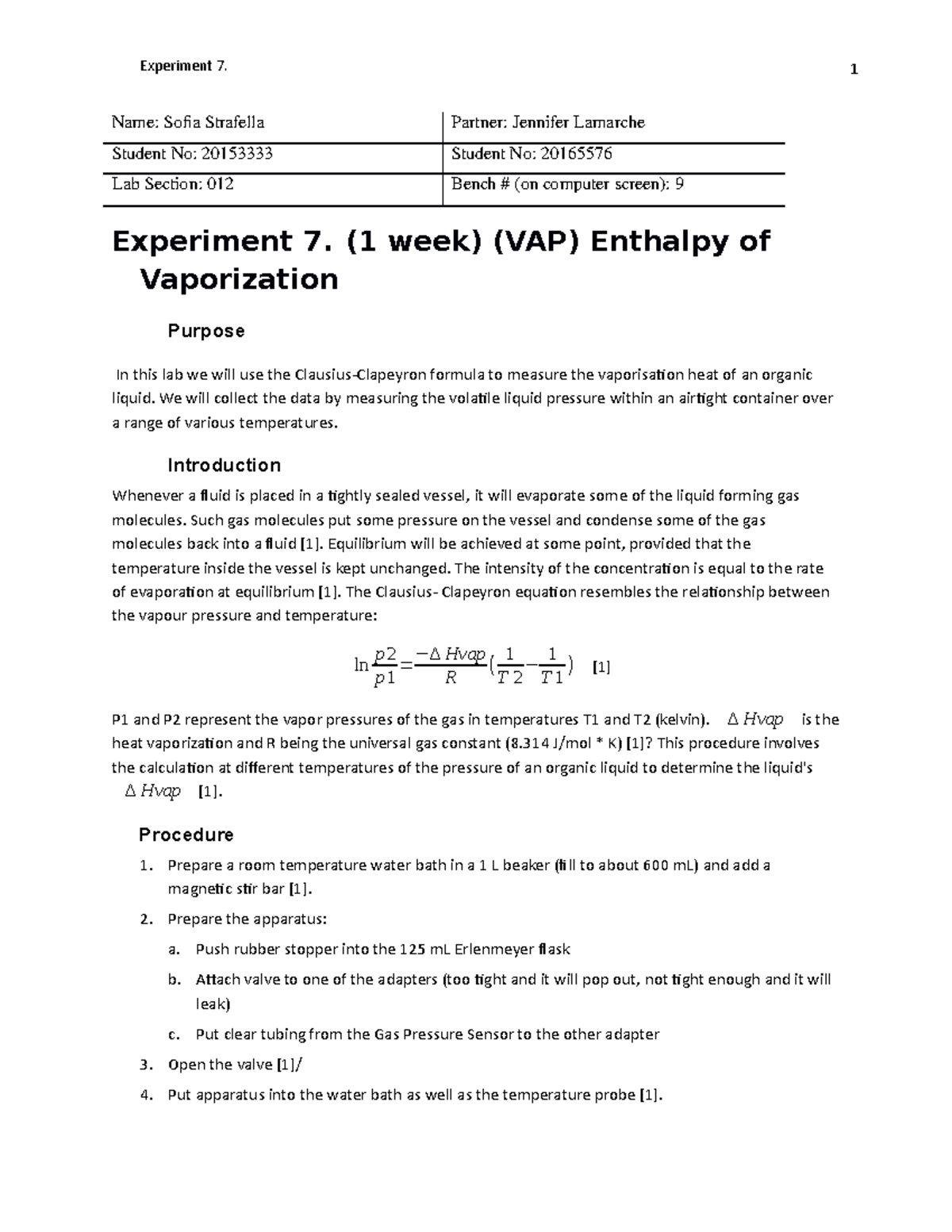 Template Enthalpy of vaporization - ####### Name: Sofia Strafella ...