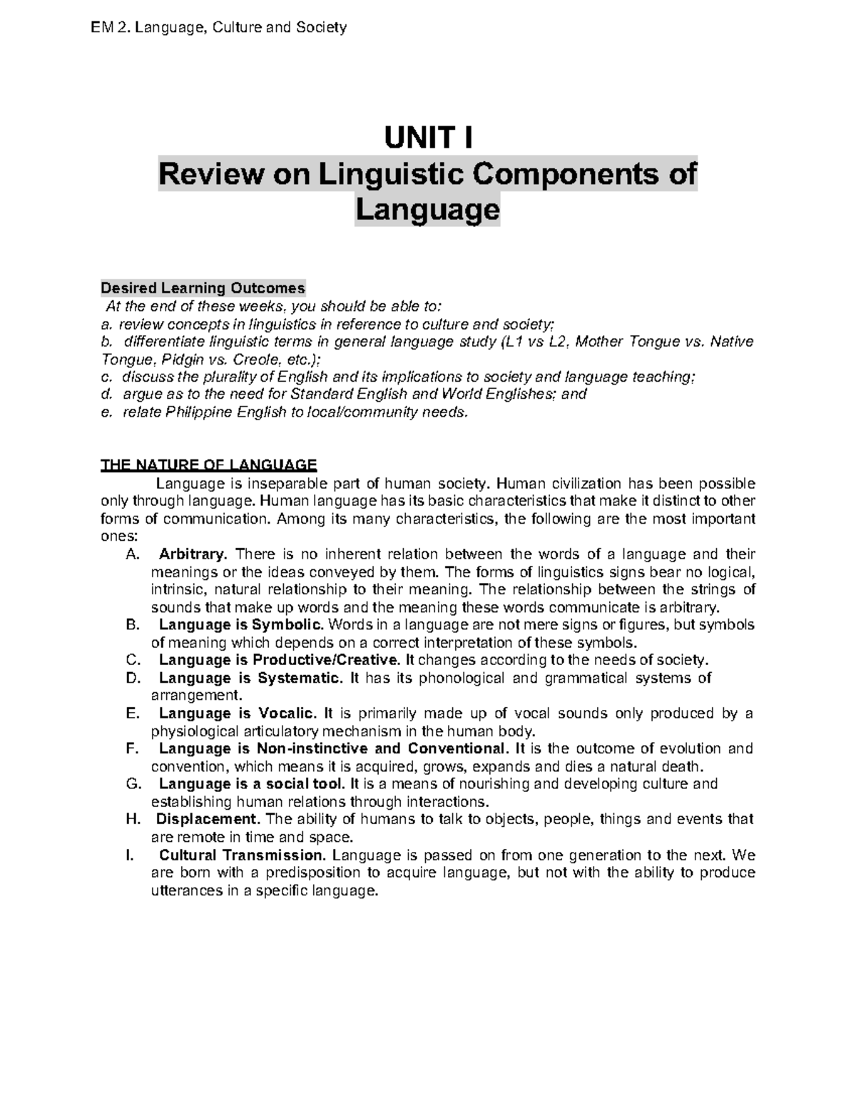 EM 2. Unit 1 - GOODLUCK! - EM 2. Language, Culture and Society UNIT I ...