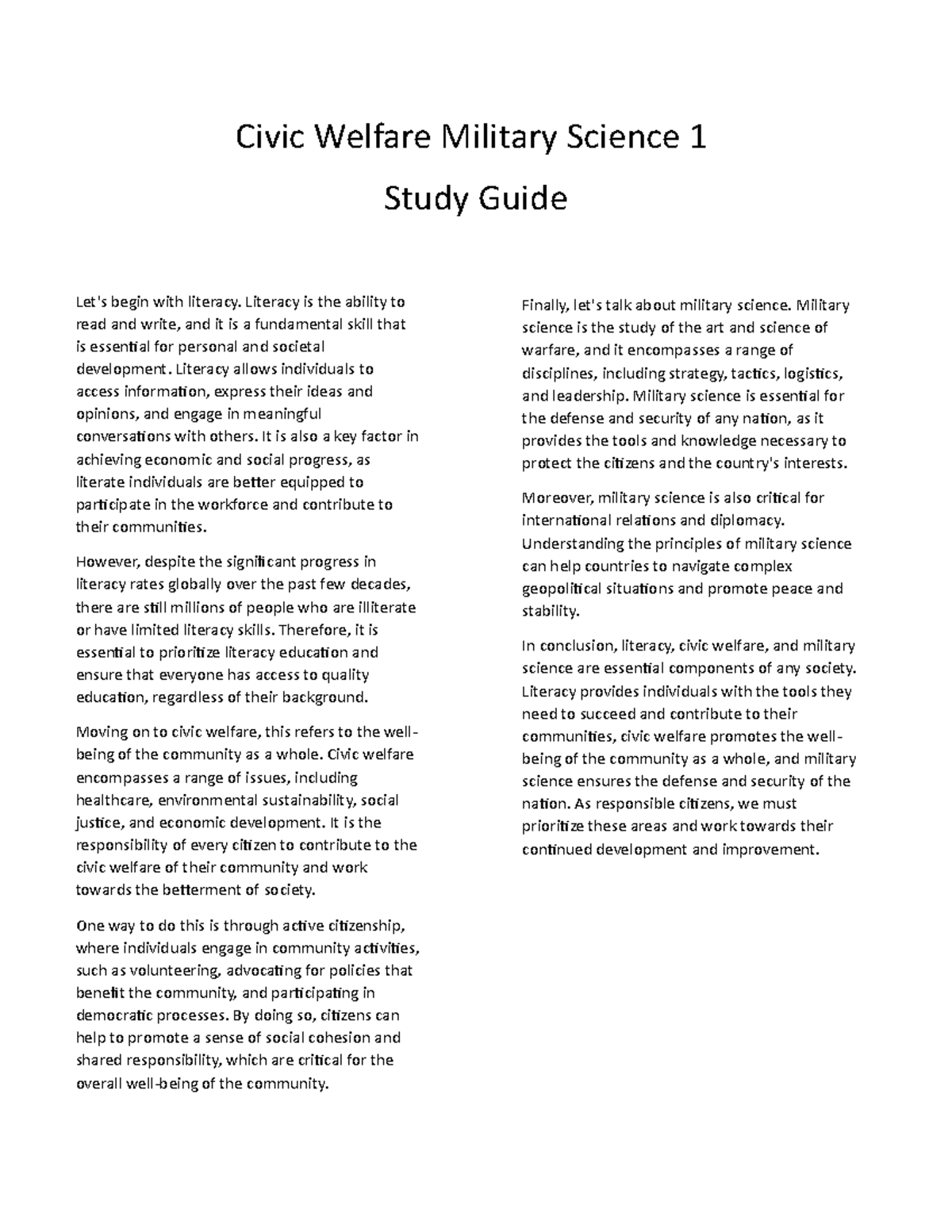 Civic Welfare Military Science Study Guide - Civic Welfare Military ...