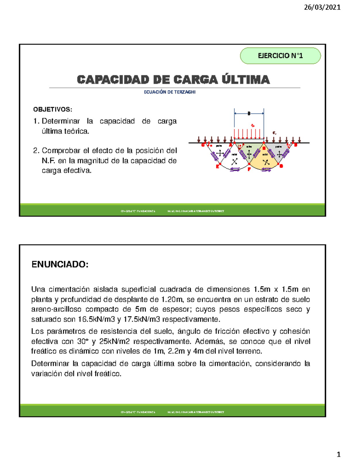 Ejemplo Terzaghi - FUNDACIONES - OBJETIVOS: 1. Determinar la capacidad ...