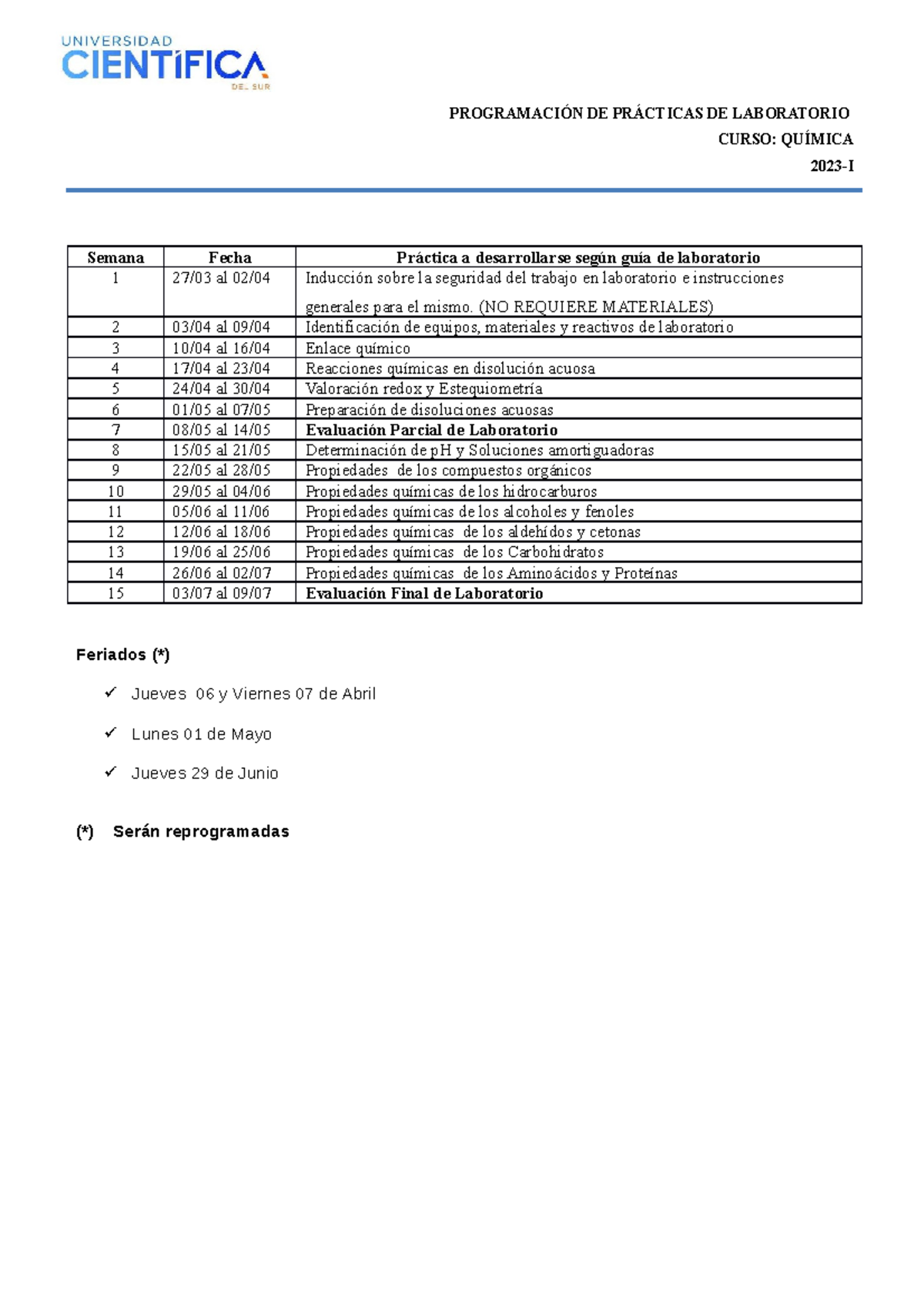 Programación DE Prácticas DE Quimica - Quimica General - PROGRAMACIÓN ...