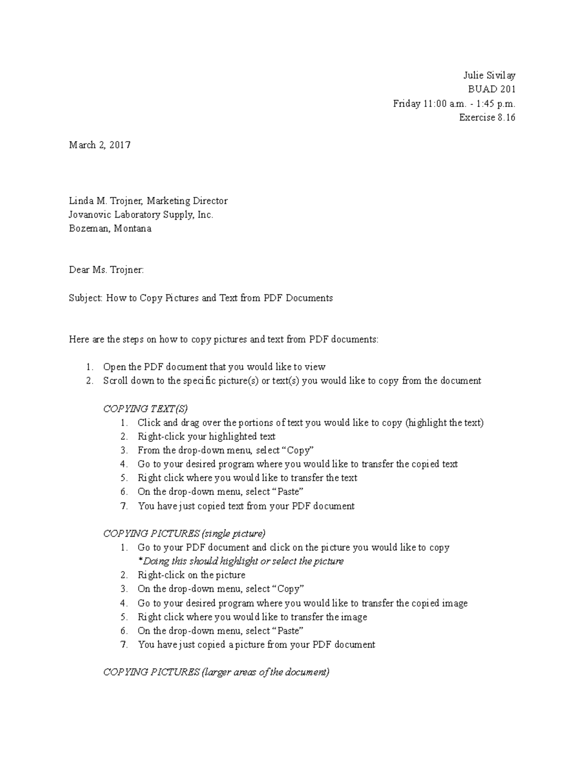 BUAD 201 Wk 6 HW Exc 8.16 email ver - Julie Sivilay BUAD 201 Friday 11: ...