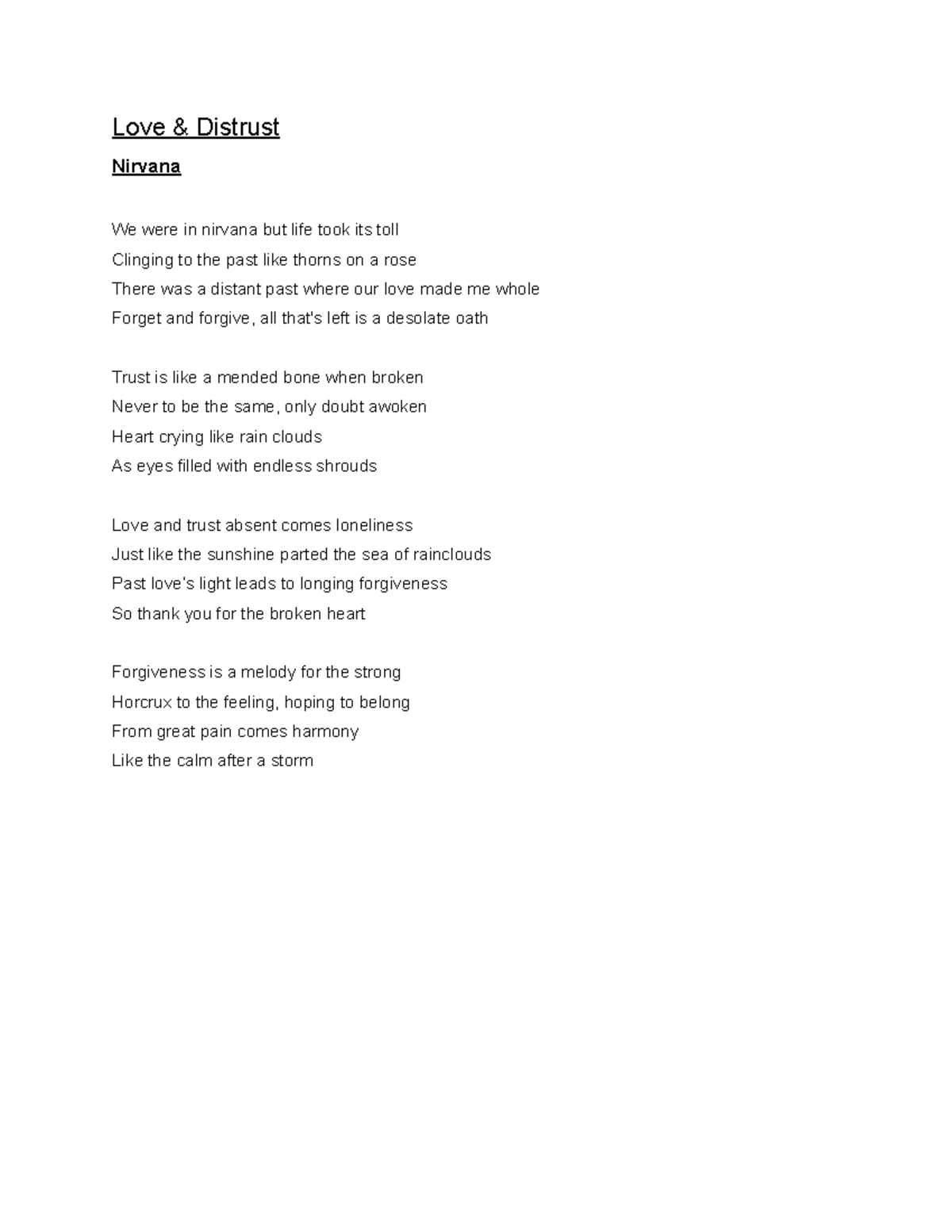 Assessment 3 Poetry Writing - Love & Distrust Nirvana We were in ...
