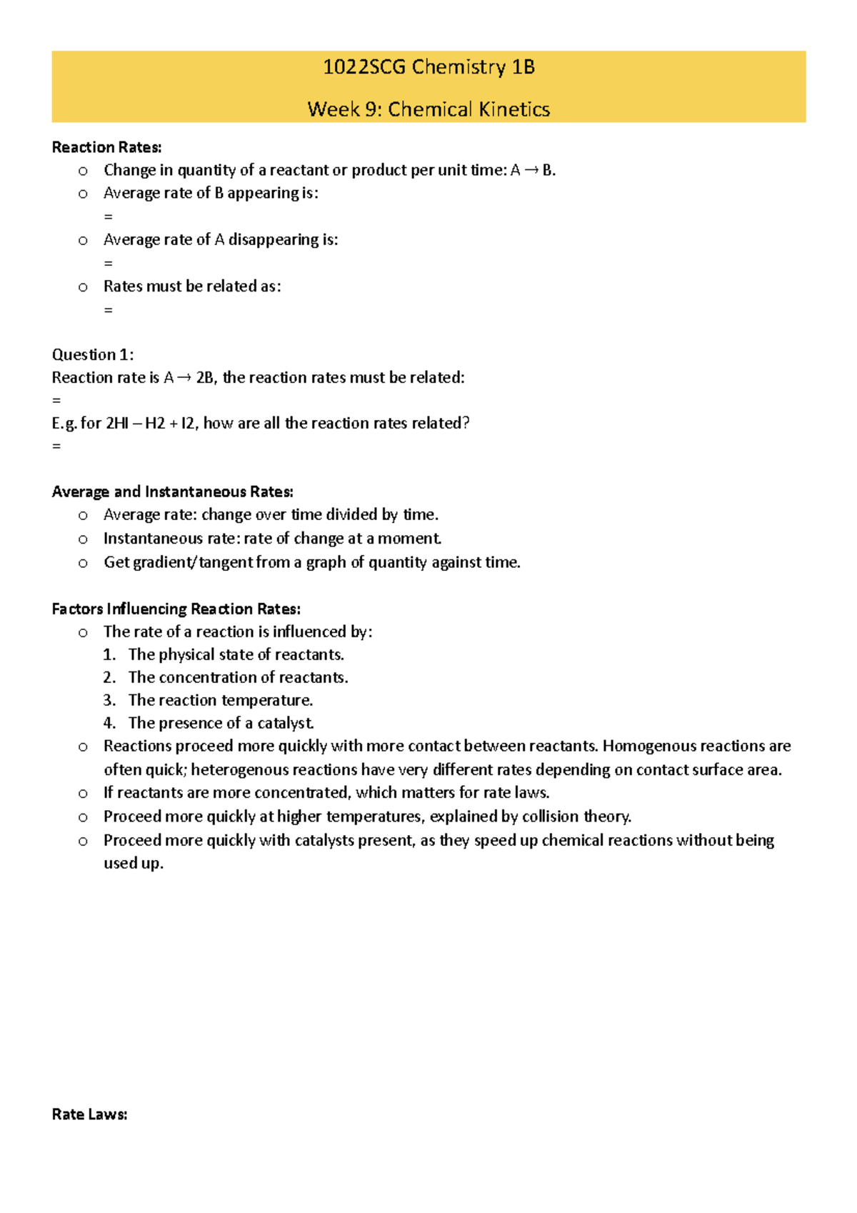 W9 - chemical kinetics - 1022SCG Chemistry 1B Week 9: Chemical Kinetics ...