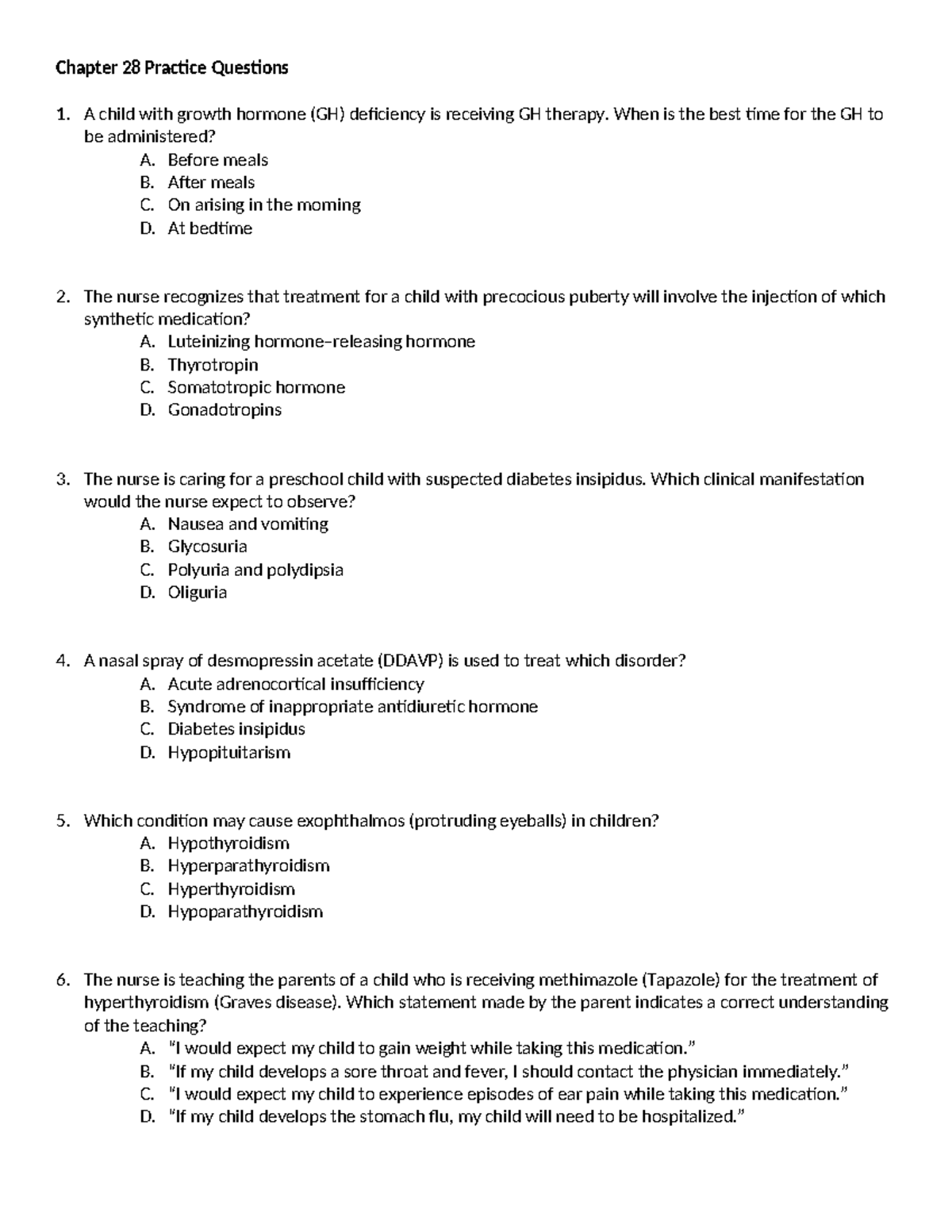 Chapter 28 Practice Questions - Chapter 28 Practice Questions A child ...