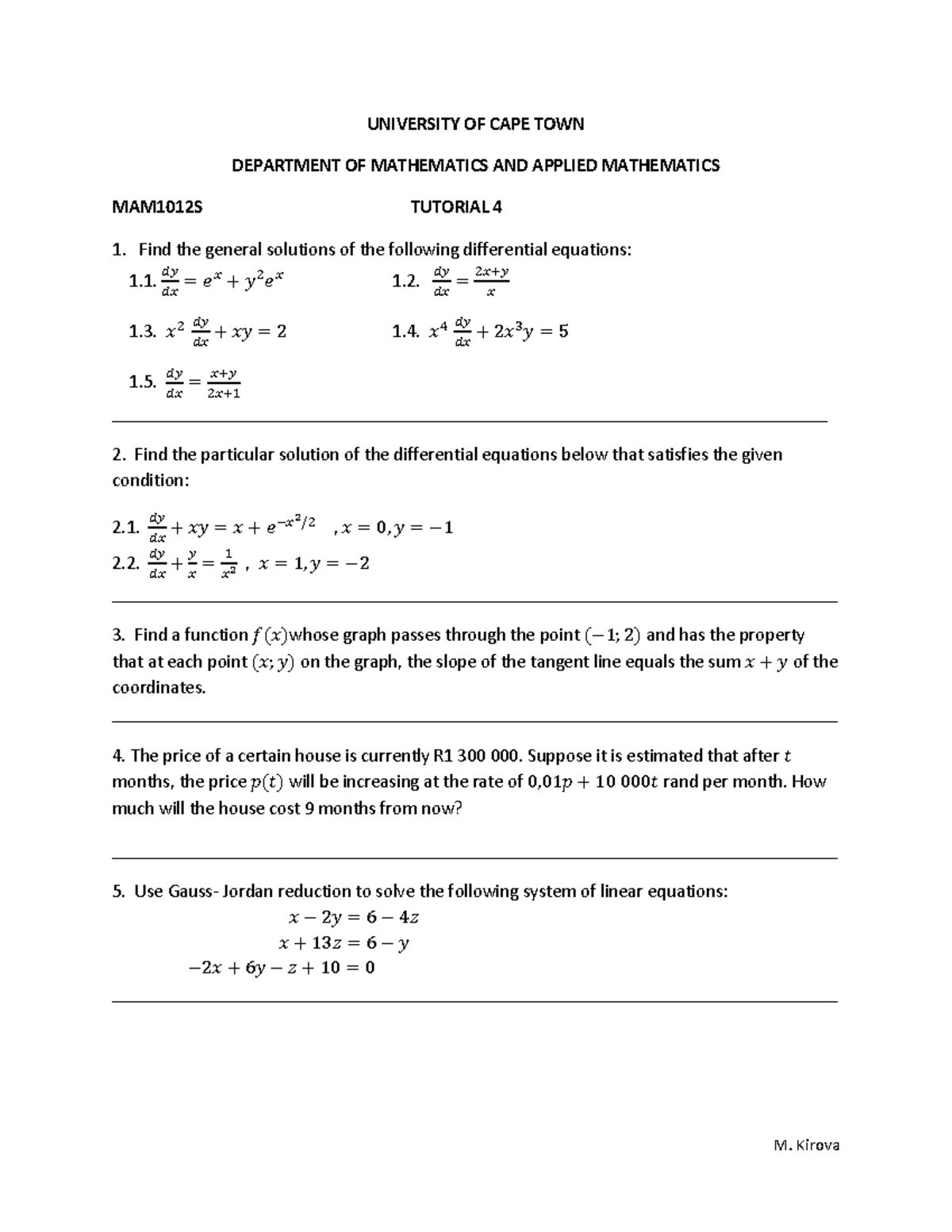 Tutorial 4 - UNIVERSITY OF CAPE TOWN DEPARTMENT OF MATHEMATICS AND ...