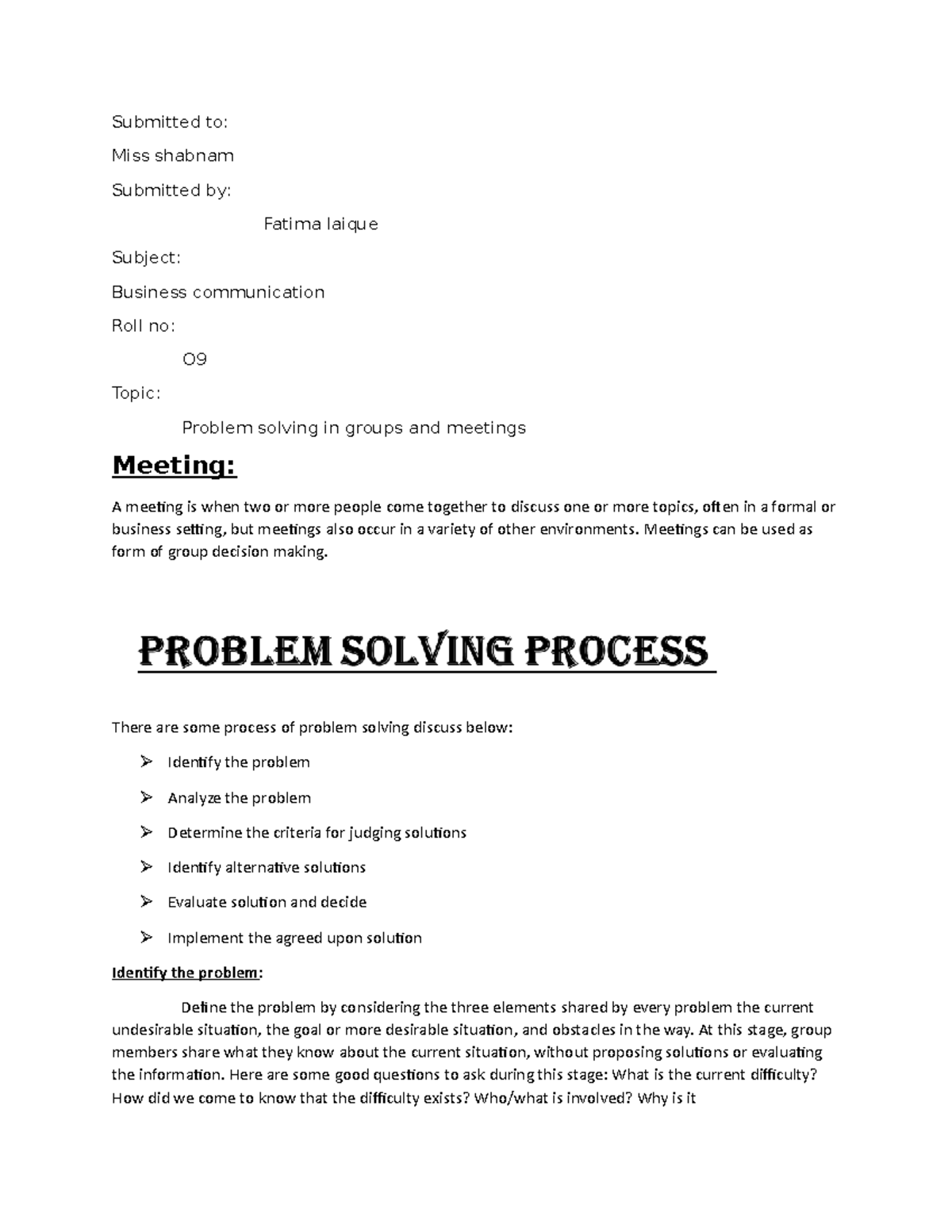 Solving problems in meetings or goups - Submitted to: Miss shabnam ...