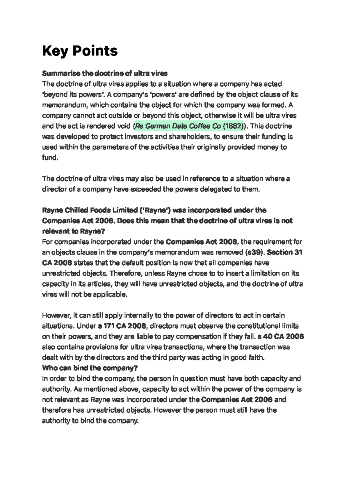 PDGL Company Law Workshop 3 - Key Points Summary - Key Po i n ts ...