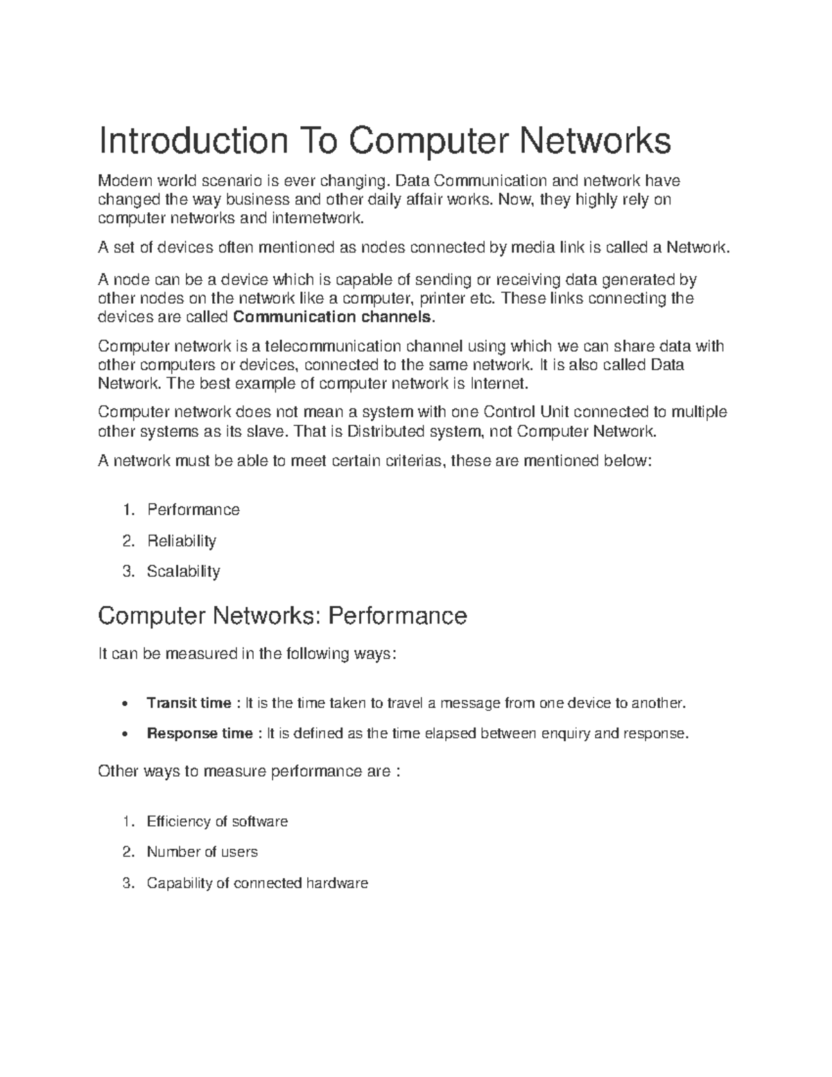Notes OF CN - Introduction To Computer Networks Modern world scenario ...