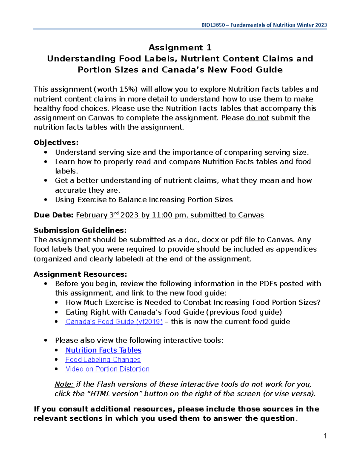 BIOL3650 Assignment 1 W2023 - Assignment 1 Understanding Food Labels ...