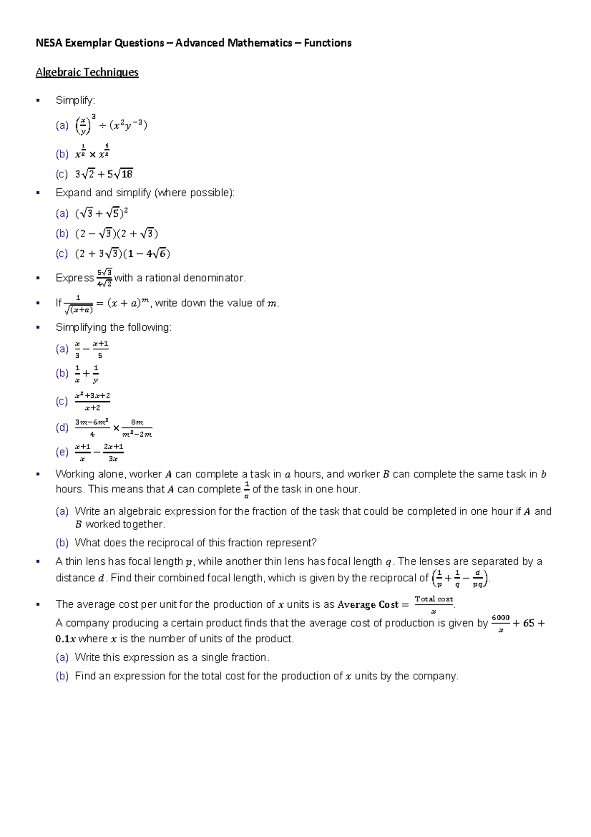 Functions Revision NESA - NESA Exemplar Questions – Advanced Mathematics – Functions Algebraic ...