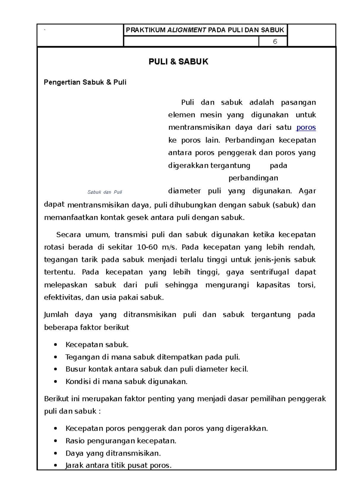 Modul Sabuk Puli 2 - ` PRAKTIKUM ALIGNMENT PADA PULI DAN SABUK 6 PULI ...