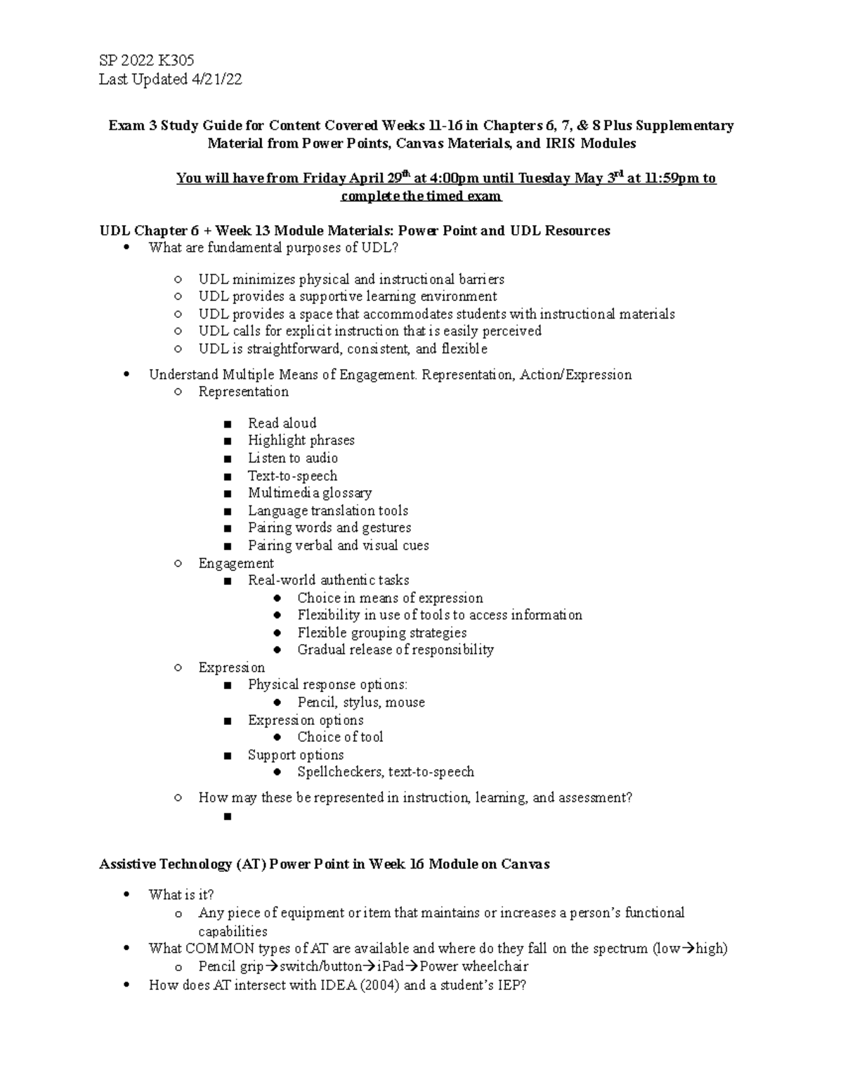 Exam 3 Study Guide - Last Updated 4/21/ Exam 3 Study Guide for Content ...