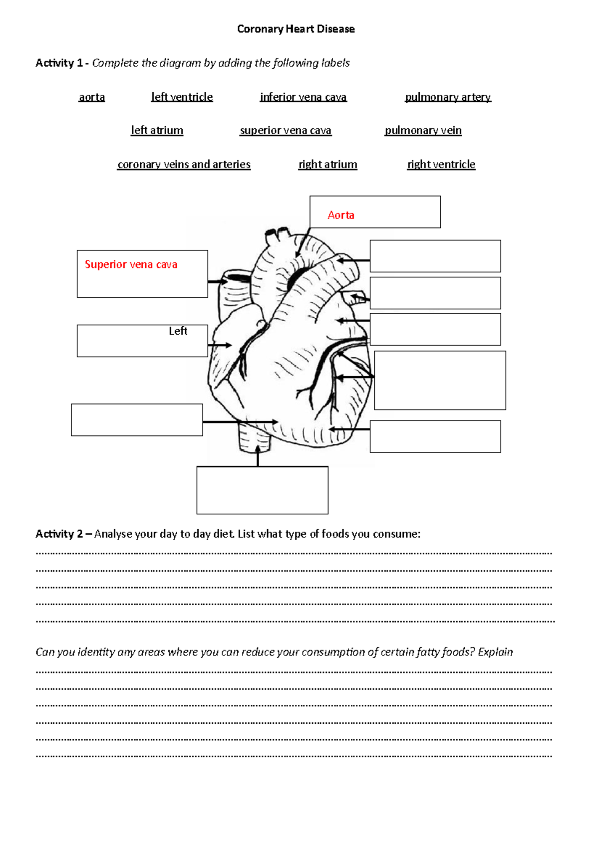 Student activity 2 - Coronary Heart Disease Activity - Coronary Heart ...
