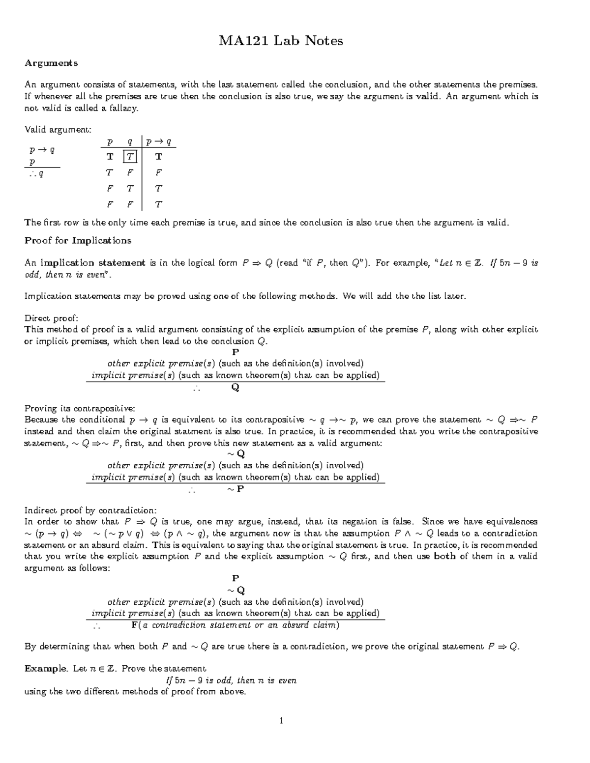 121prep2 - MA121 Lab Notes Arguments An argument consists of statements ...