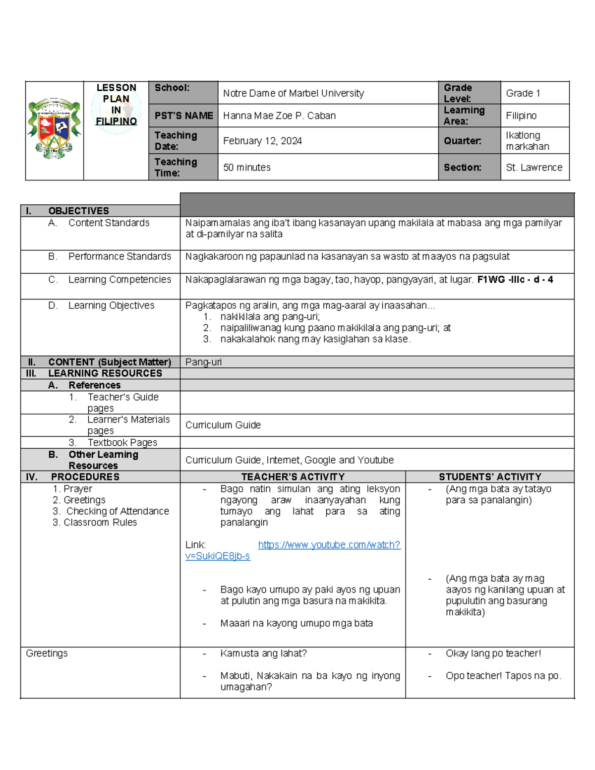 Lesson PLAN PANG URI - LESSON PLAN IN FILIPINO School: Notre Dame of ...