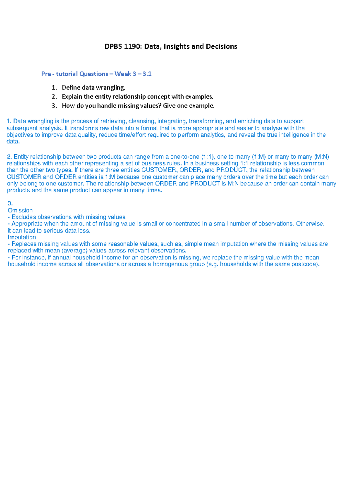 Pretutorial 3 - COMM1190 - DPBS 1190: Data, Insights and Decisions Pre - tutorial Questions ...