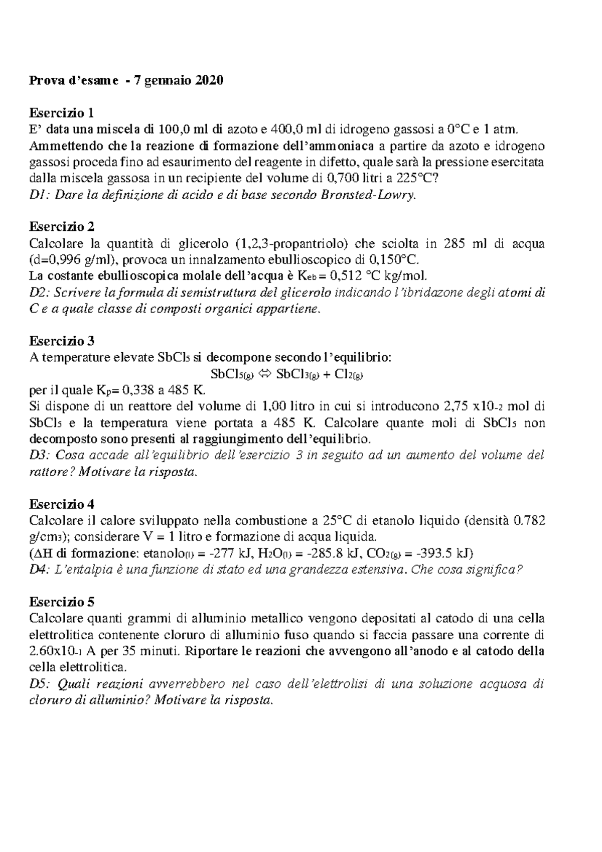 Esempio prova esame chimica 7 Gennaio 2020 - Warning: TT: undefined function: 32 Warning: TT ...