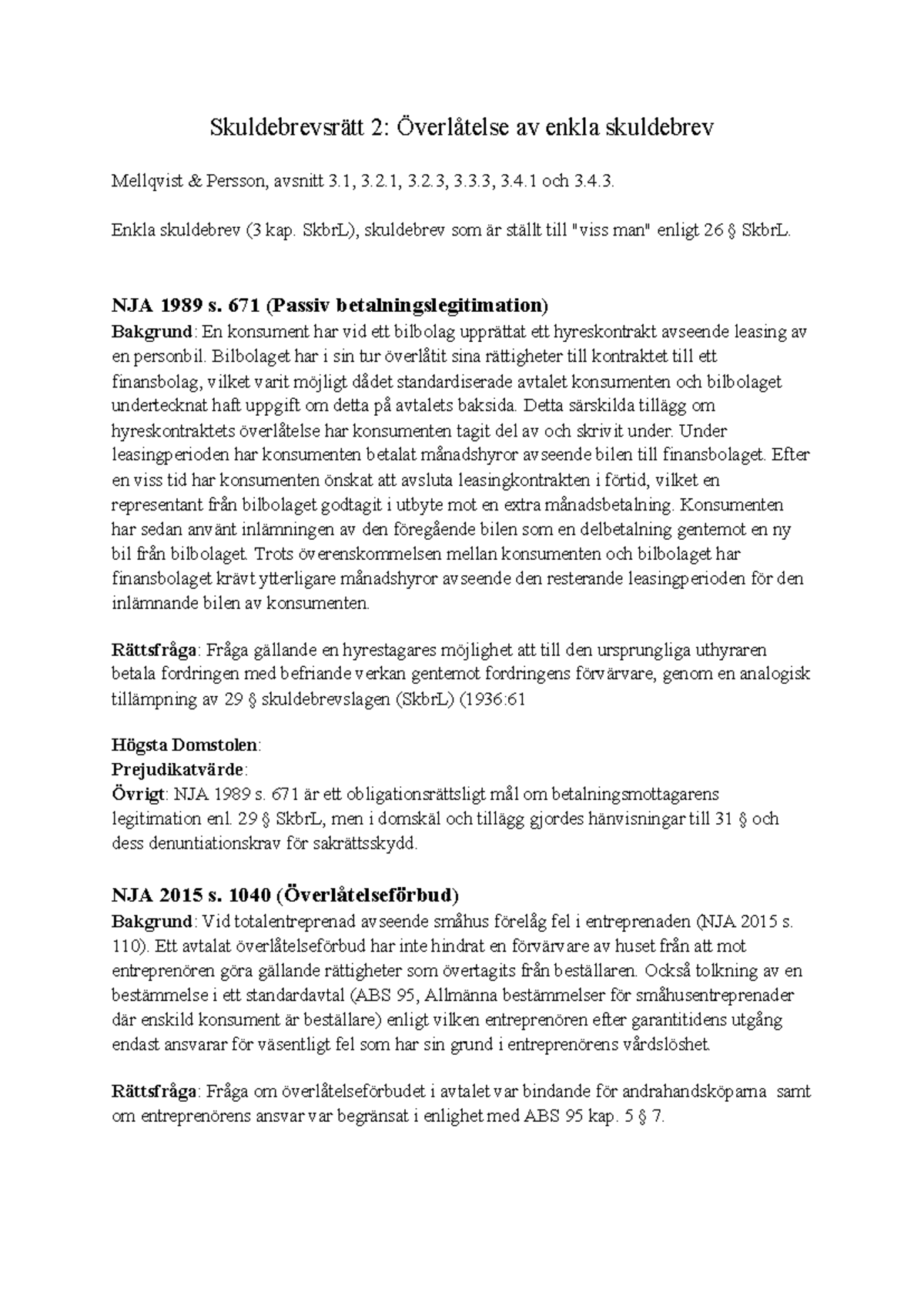 Skuldebrevsrätt 2 Överlåtelse av enkla skuldebrev - Skuldebrevsrätt 2 ...