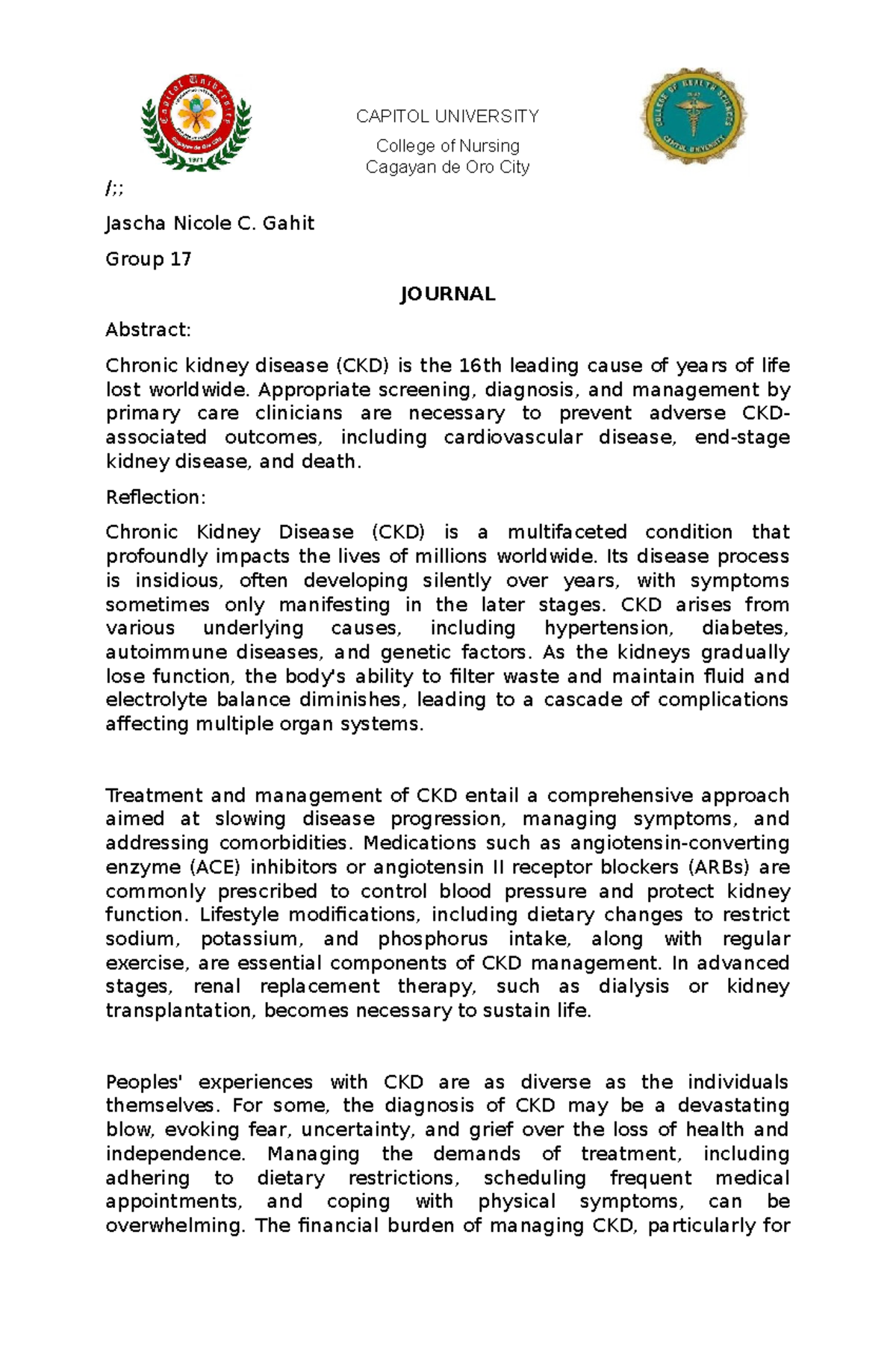 Journal - CAPITOL UNIVERSITY College of Nursing Cagayan de Oro City /;; Jascha Nicole C. Gahit ...