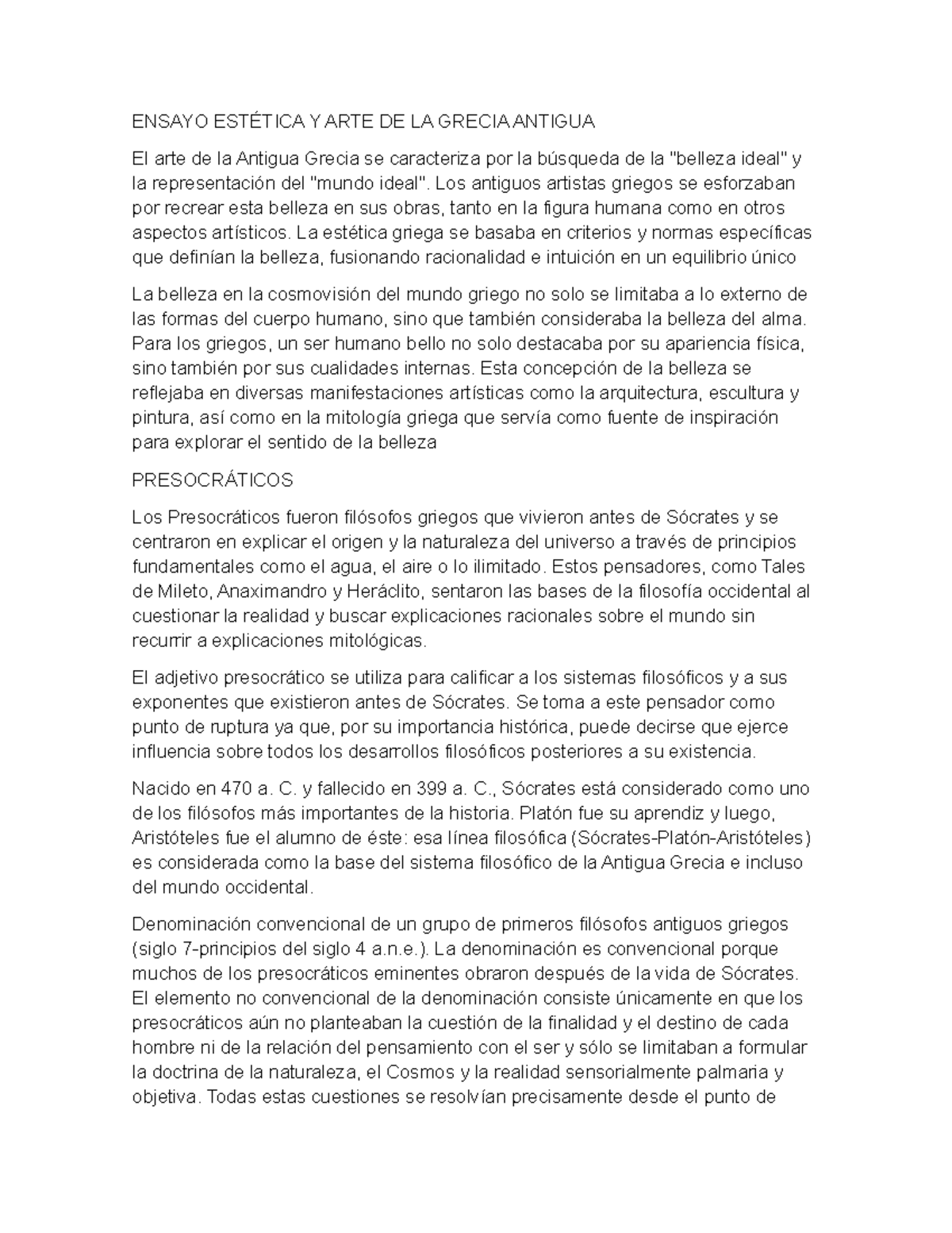 Investigacion para el ensayo - ENSAYO ESTÉTICA Y ARTE DE LA GRECIA ANTIGUA El arte de la Antigua ...